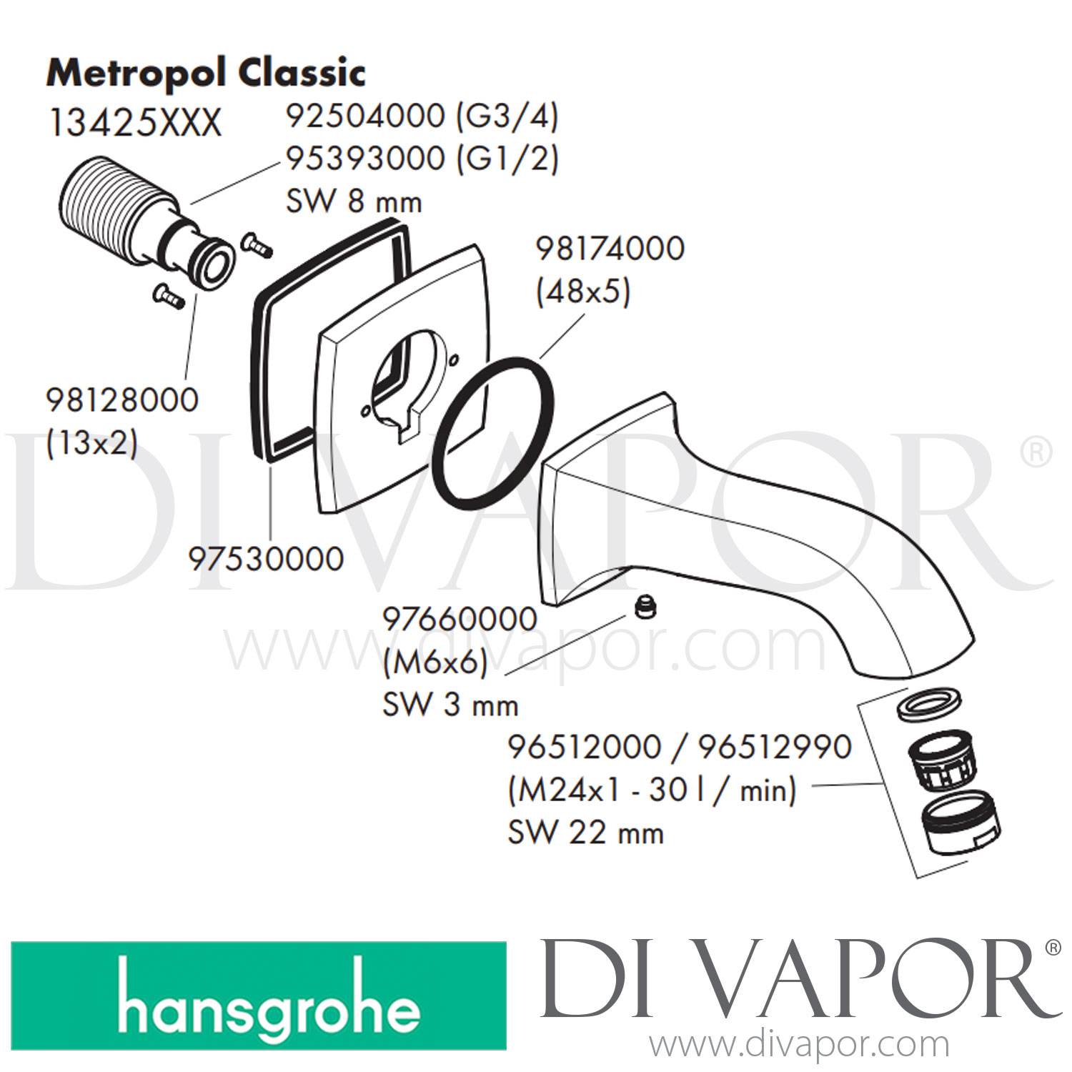 Hansgrohe 13413000 Metris Classic Bath Spout >04/09 Spare Parts
