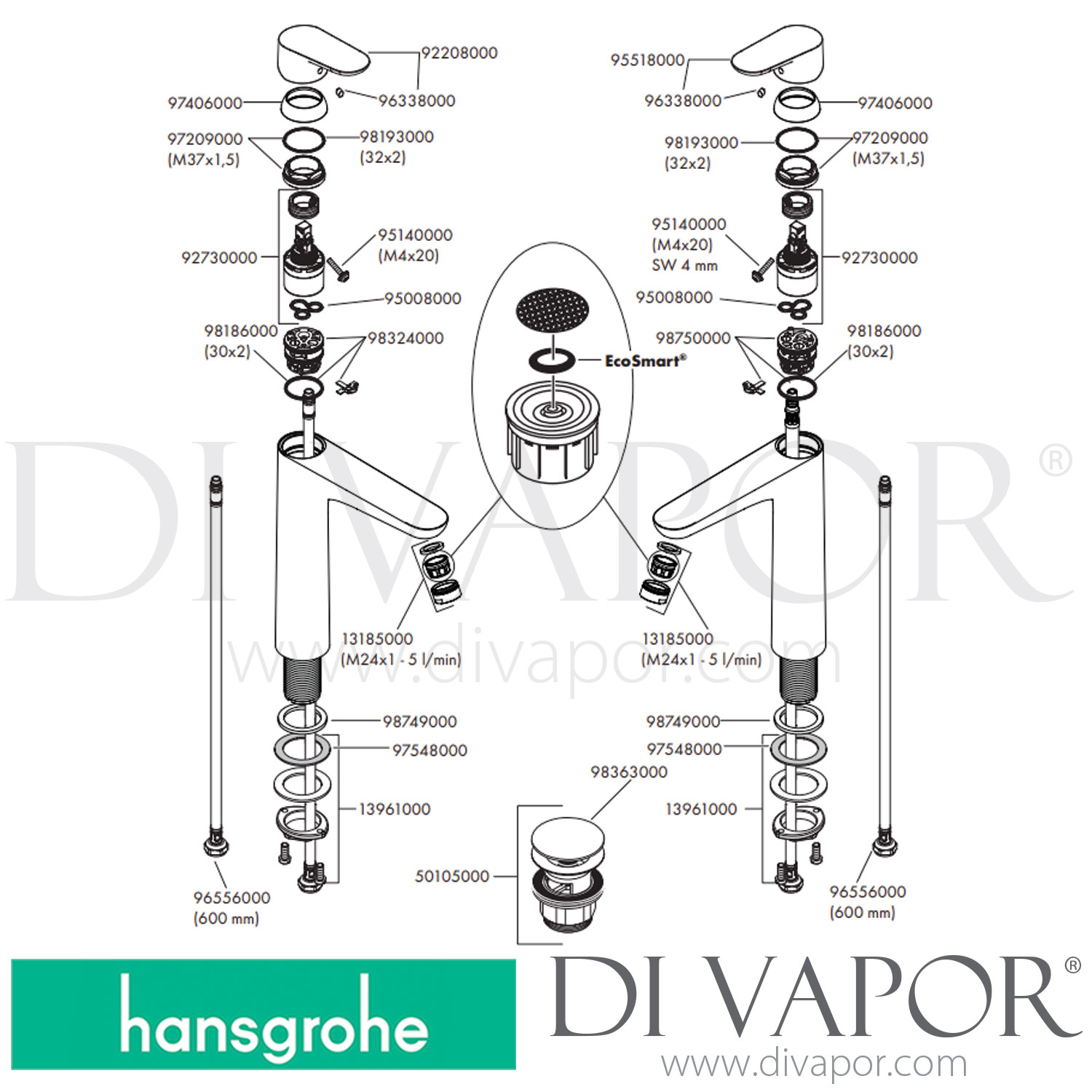 Hansgrohe 14083000 Ecos Single Lever Basin Mixer Xl without Waste Set ...