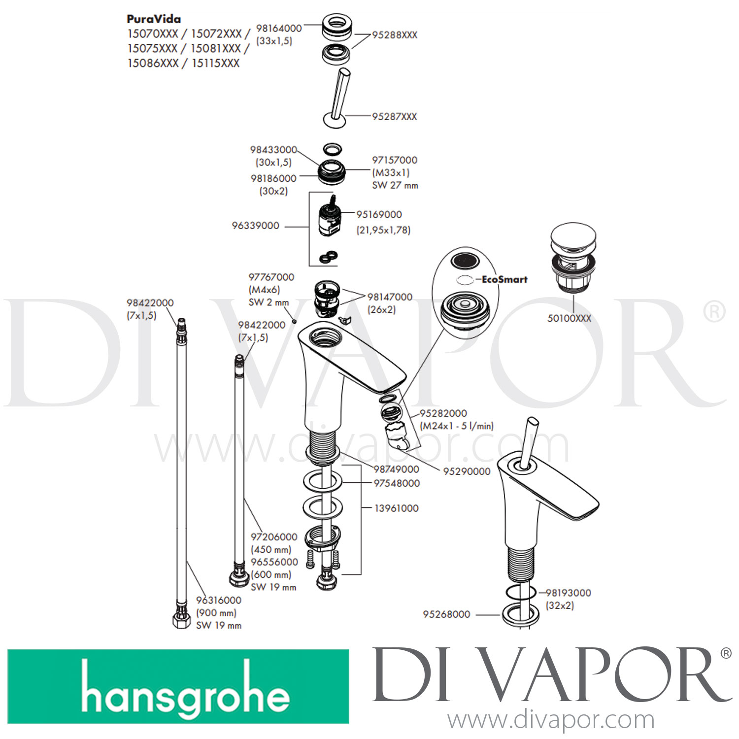 Hansgrohe 15081400 PuraVida Single Lever Basin Mixer 200 with Push-Open ...