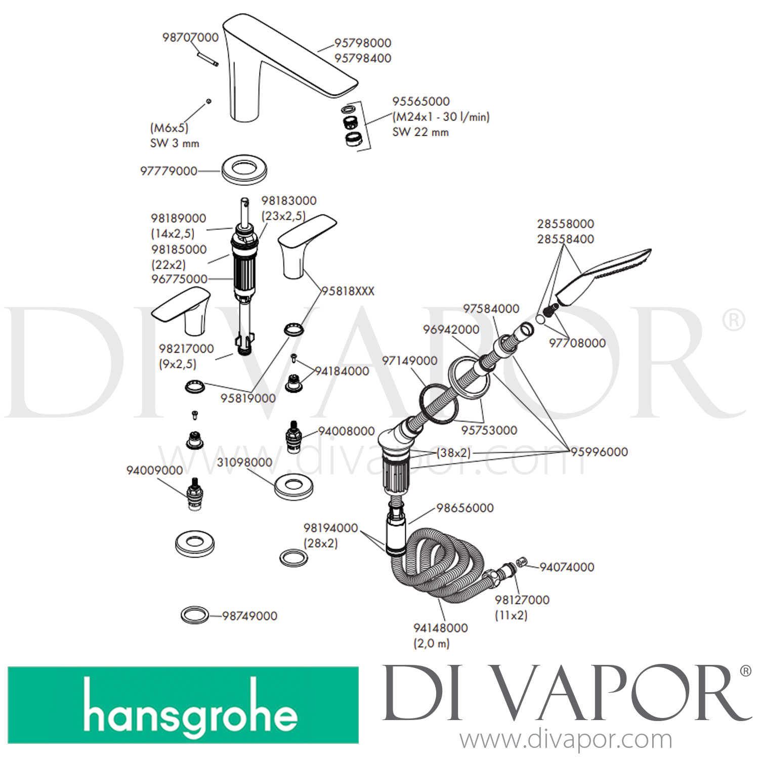 Hansgrohe 15446400 PuraVida 4-Hole Rim Mounted Bath Mixer >03/17 Spare ...