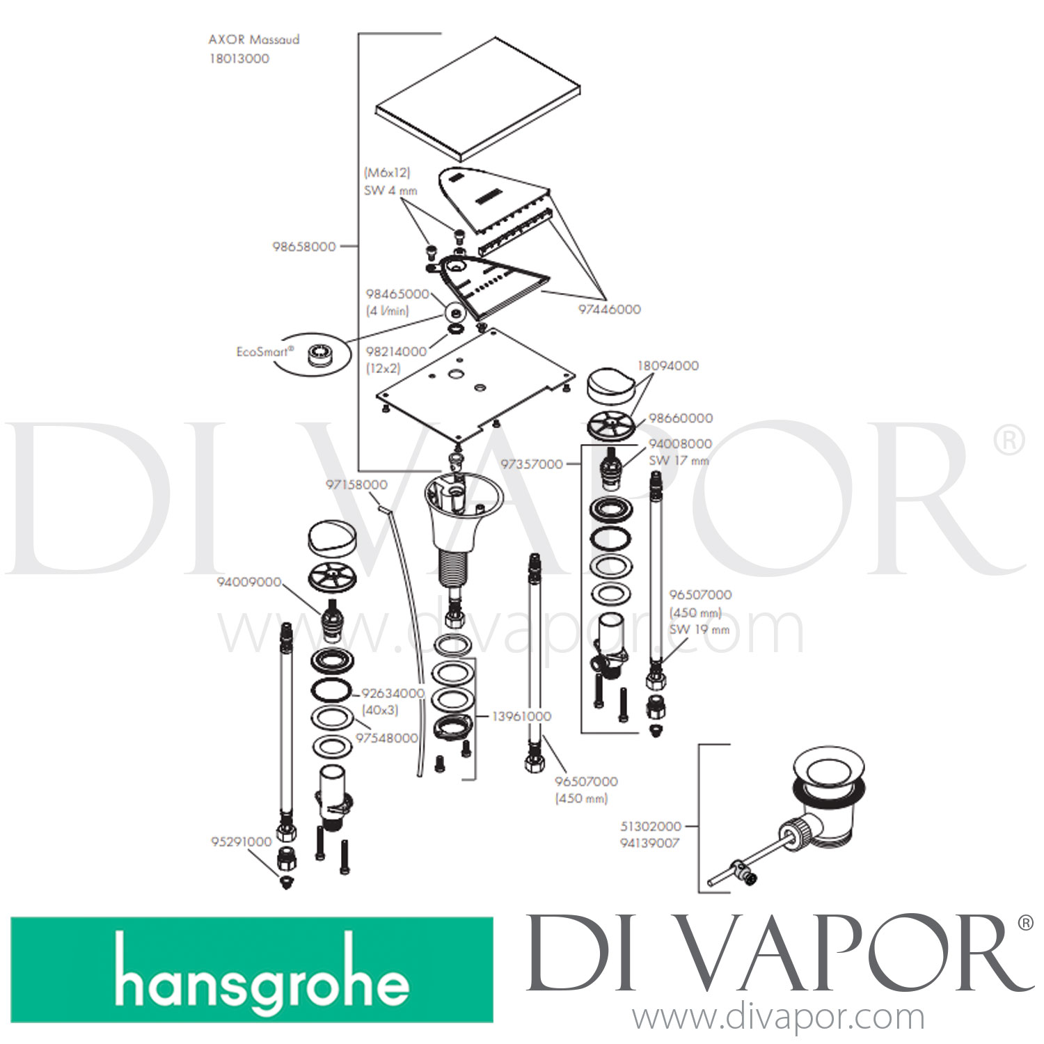 Hansgrohe 18013000 AXOR Massaud 3-Hole Basin Mixer 80 with Pop-Up Waste ...