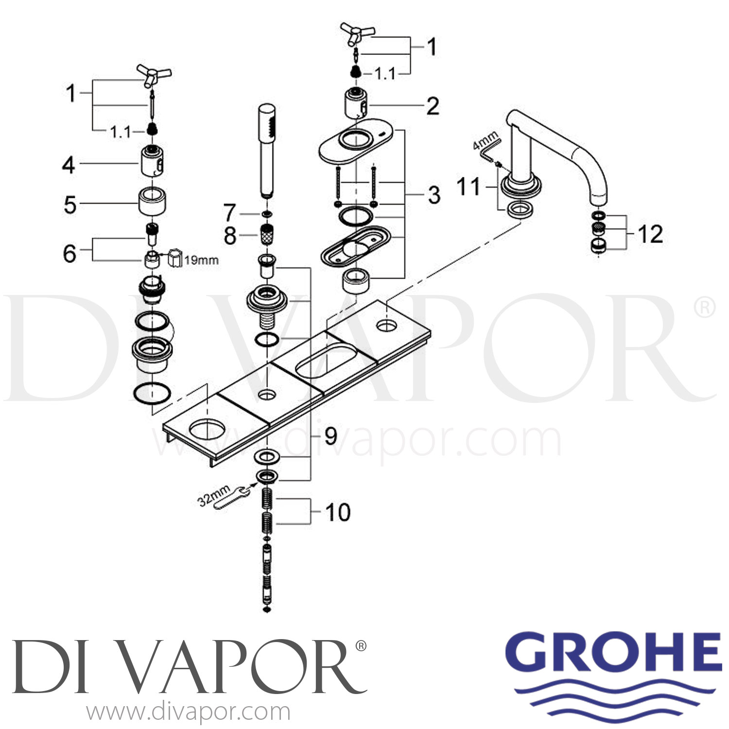 Grohe 19141000 Atrio 4-Hole Bath Combination Trim Set Spare Parts