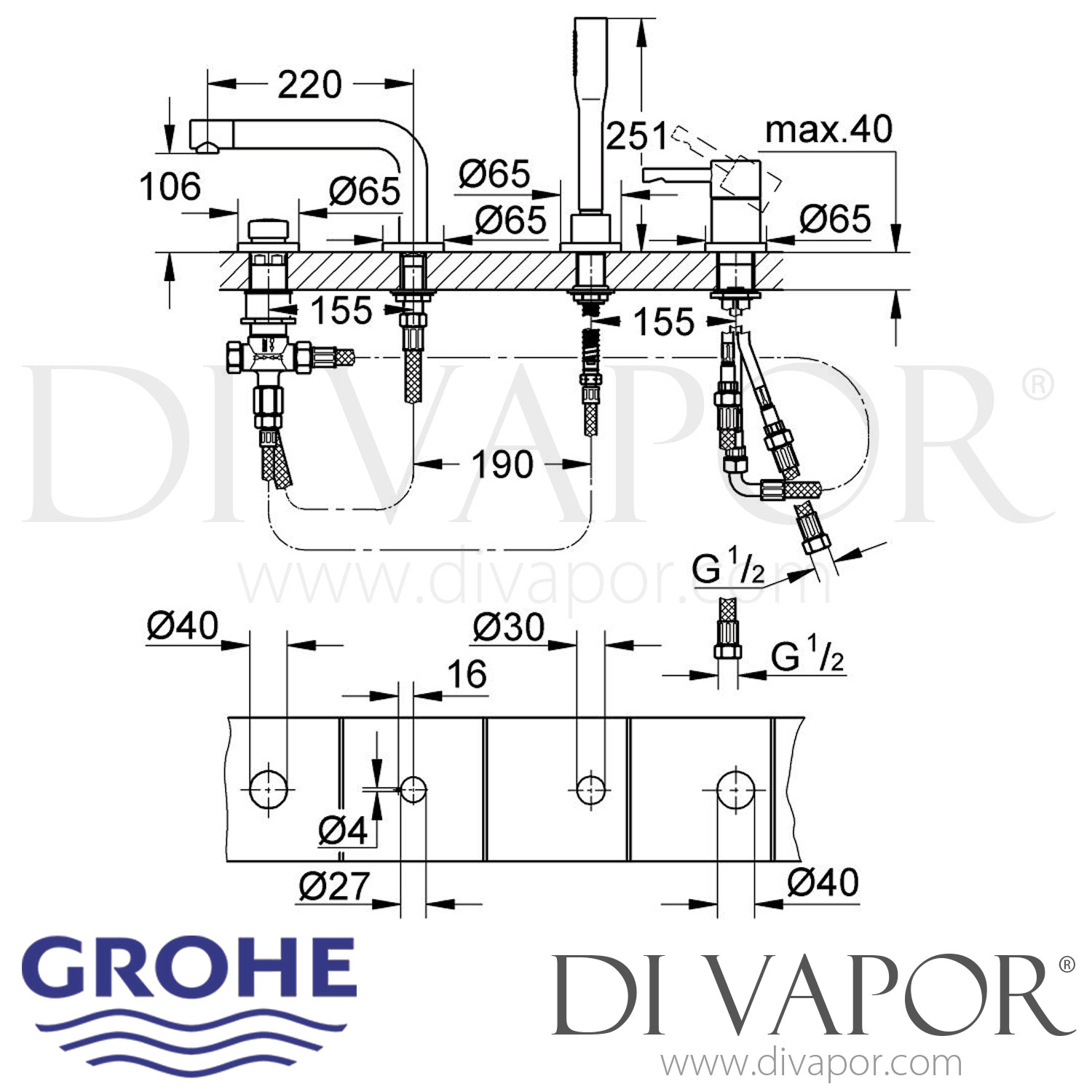 Grohe 19578000 Essence 4-Hole Single Lever Bath Combination Spare Parts