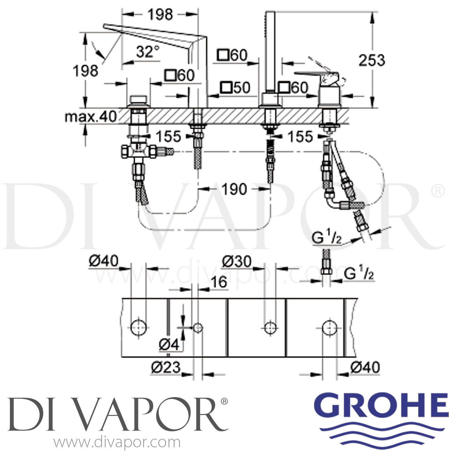 Grohe 19787000 Allure Brilliant Four-Hole Single-Lever Bath Combination ...