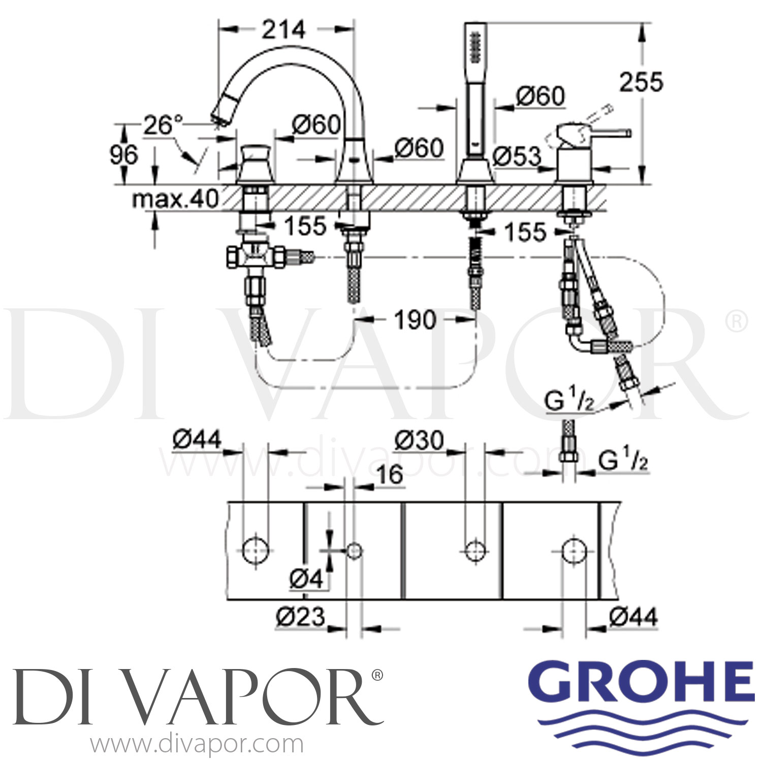 Grohe 19936GL0 Grandera Four-Hole Single-Lever Bath Combination Spare Parts