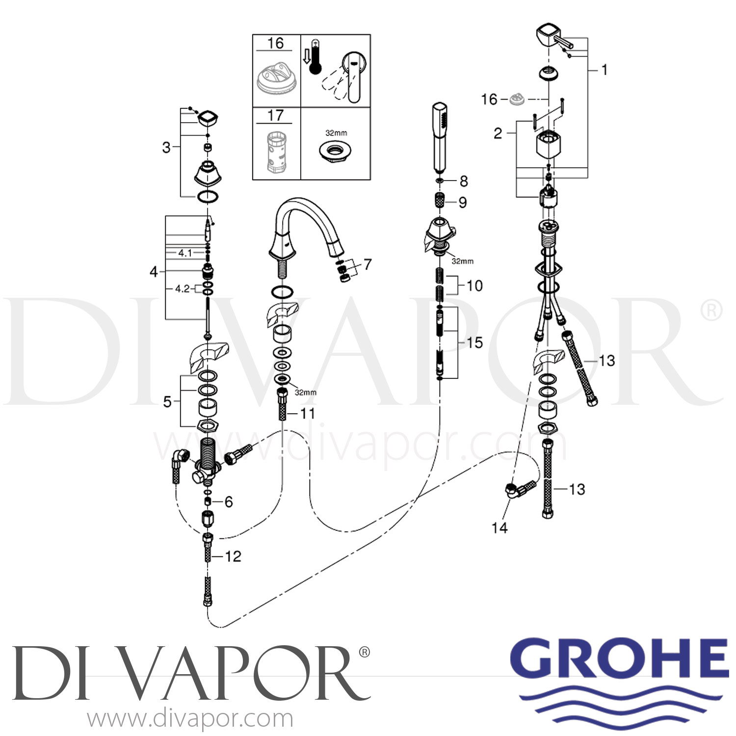 Grohe 19936GL0 Grandera Four-Hole Single-Lever Bath Combination Spare Parts