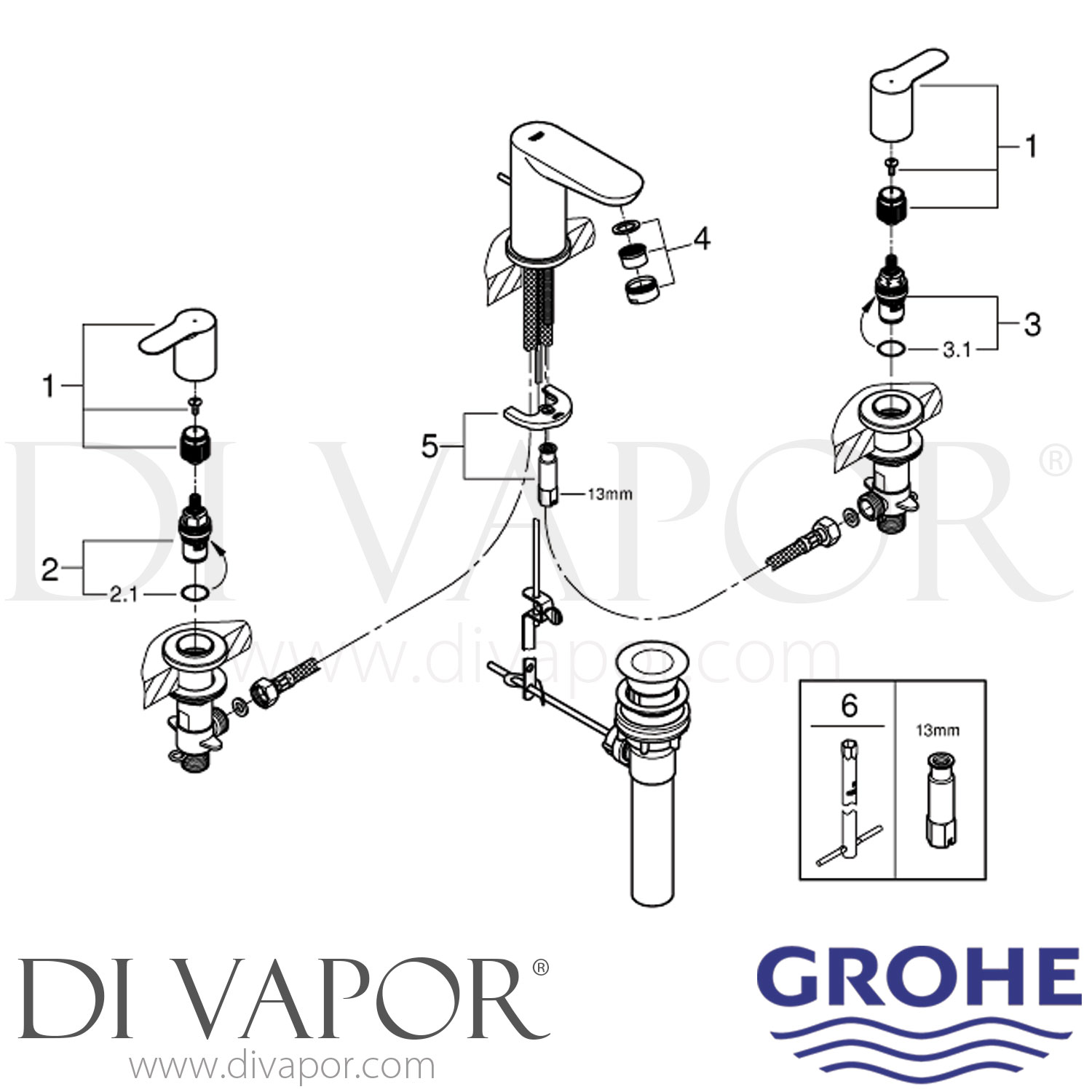 Grohe 20197000 BauEdge Three-Hole Basin Mixer Tap Spare Parts