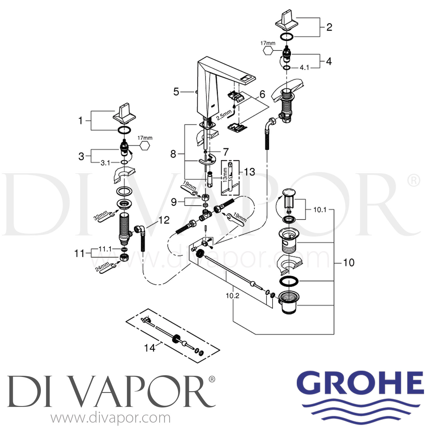 Grohe 20344000 Allure Brilliant Three Hole Basin Mixer 1/2 M-Size Spare ...