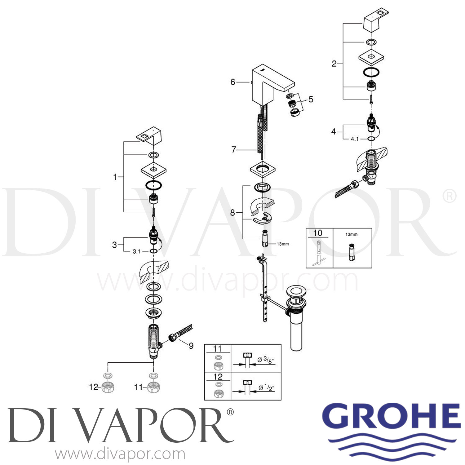 Grohe 2037000A Eurocube Three-Hole Basin Mixer S-Size Tap Spare Parts