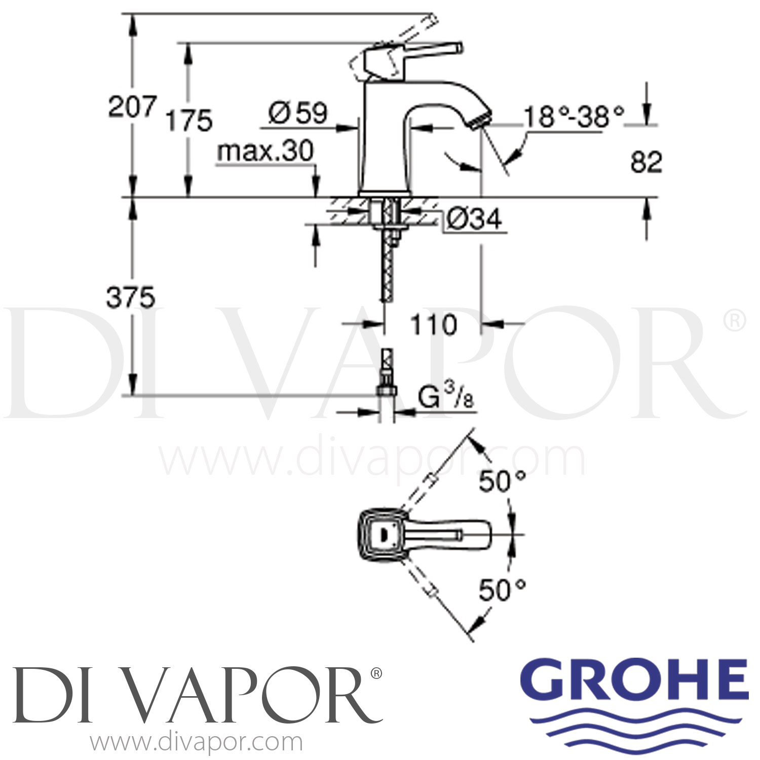 Grohe 20415DA0 Grandera Three-Hole Basin Mixer (1/2 Inch) M-Size Spare ...