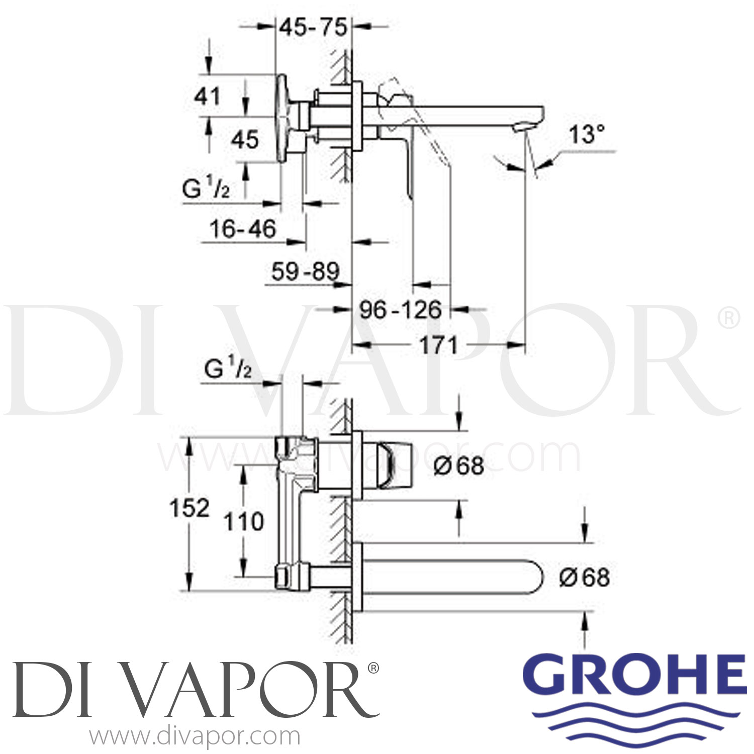 Grohe 20474000 BauEdge Wall Mounted Two-Hole Basin Mixer Spare Parts