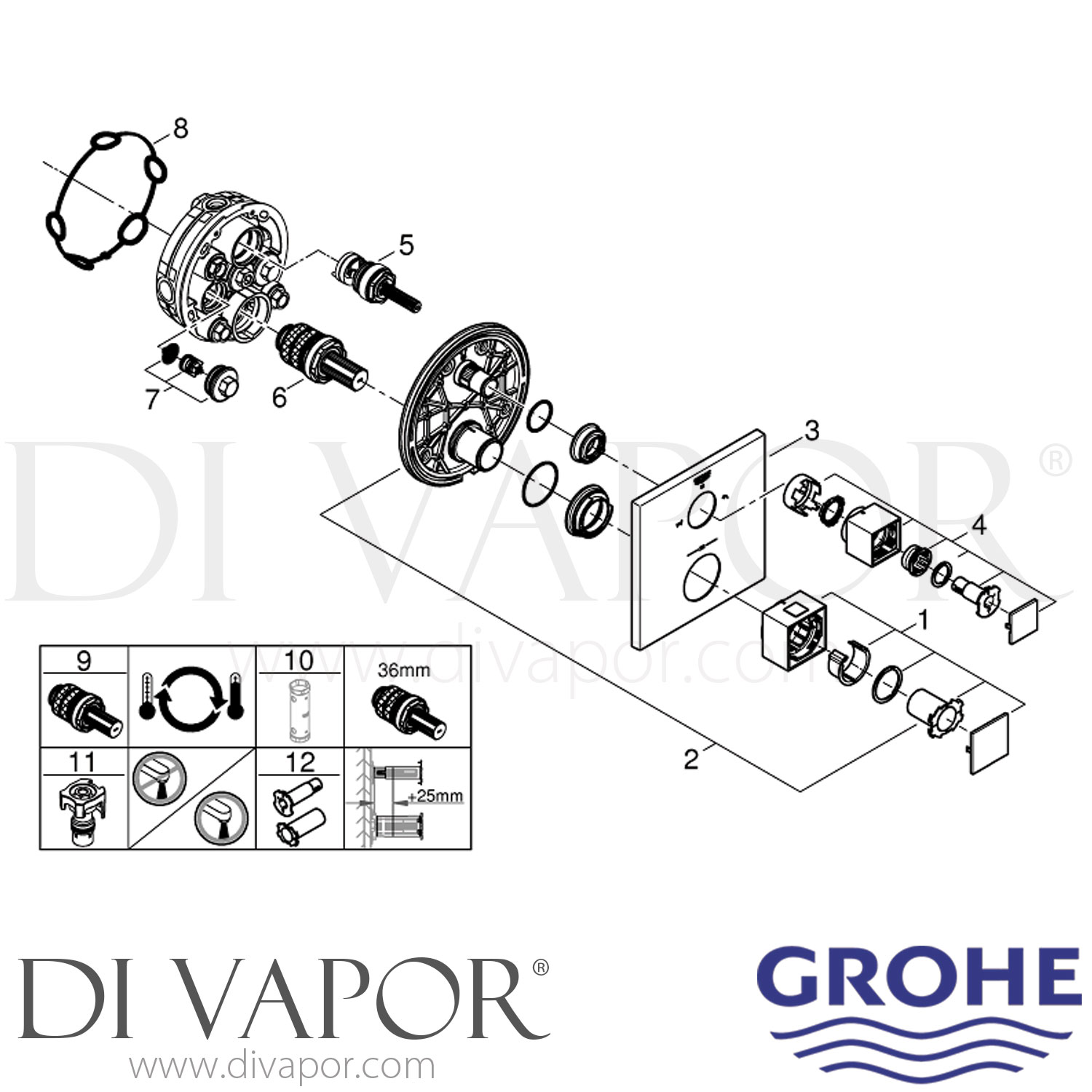 Grohe 24155000 Grohtherm Cube Thermostatic Bath Tub Mixer Spare Parts