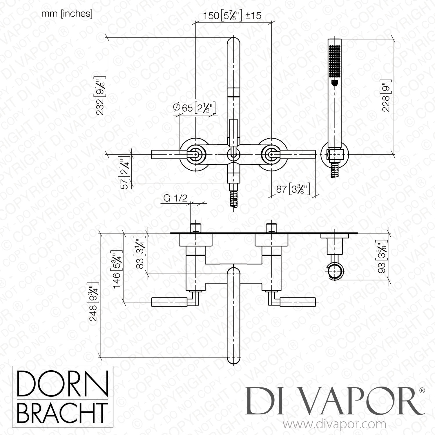 Dornbracht Tara Bath Mixer for Wall Mounting with Hand Shower Set - Matte White 25 133 882-10 ...