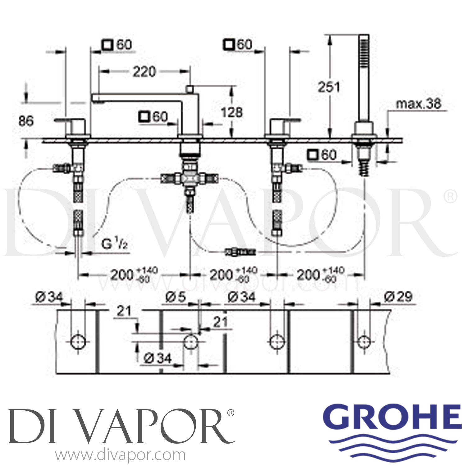 Grohe 25139000 BauMetric Four-Hole Single-Lever Bath Combination Spare ...