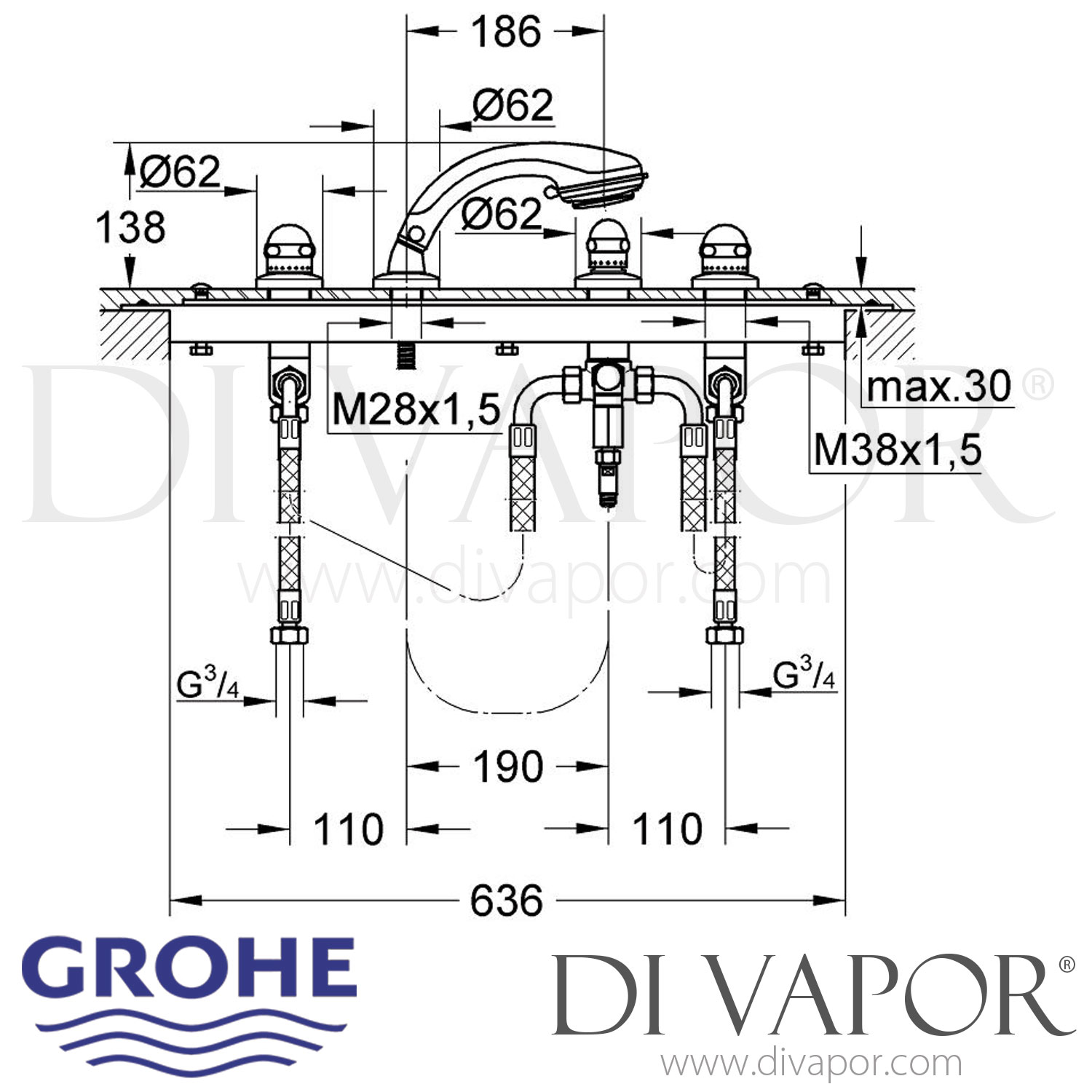Grohe 25558000 Sentosa 4-Hole Bath / Shower Combination Spare Parts