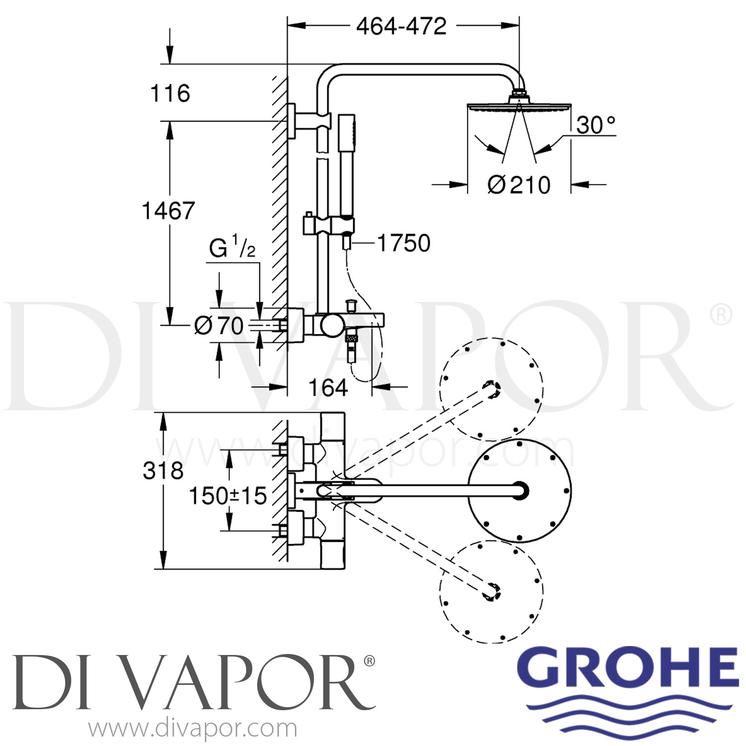 Grohe 27641000 Rainshower System 210 Shower System with Bath Thermostat ...