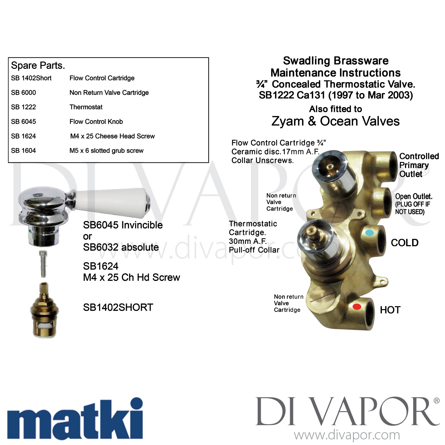 Matki Swadling 2810 Invincible Concealed Valve (1997-2003) Spare Parts