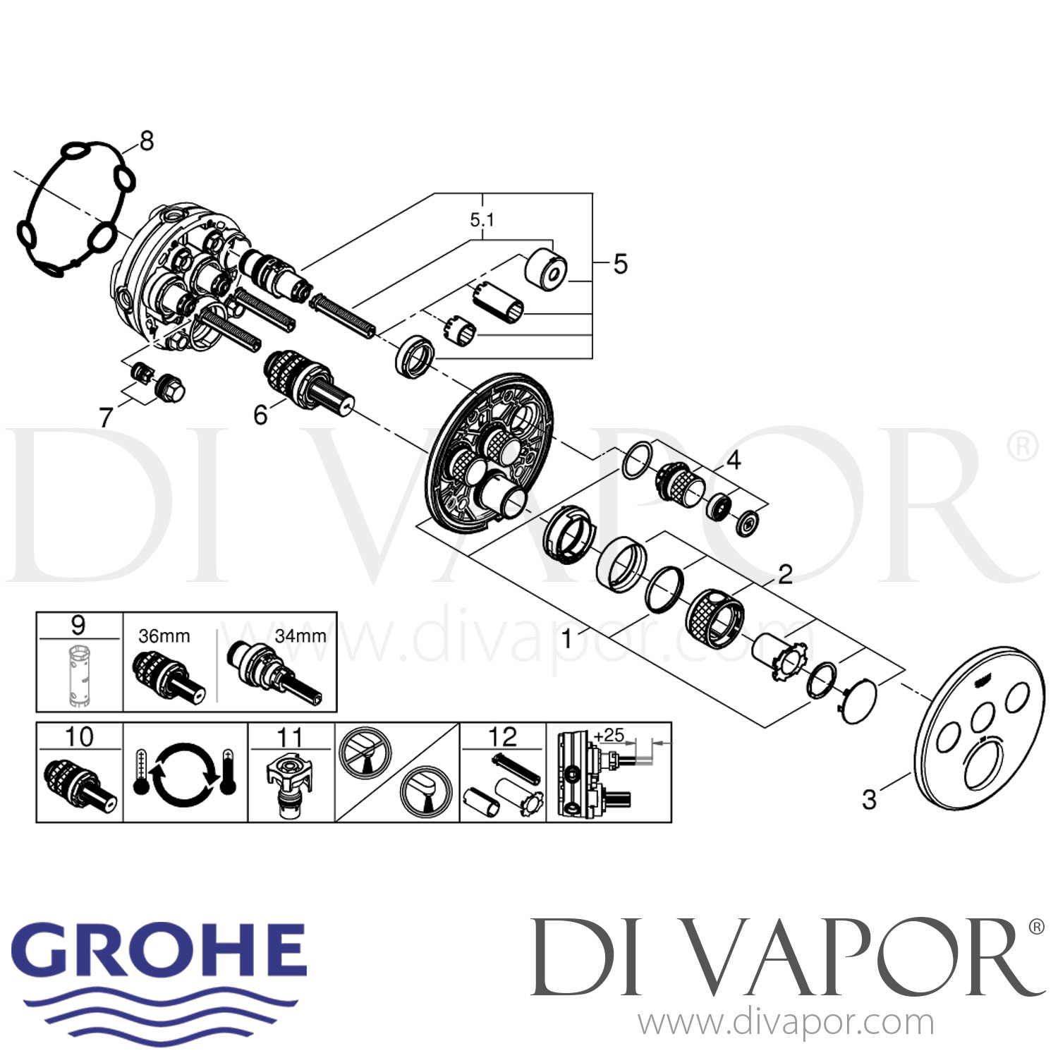 Grohe 29121AL0 Grohtherm SmartControl Thermostat for Concealed Installation with 3 Valves Spare ...