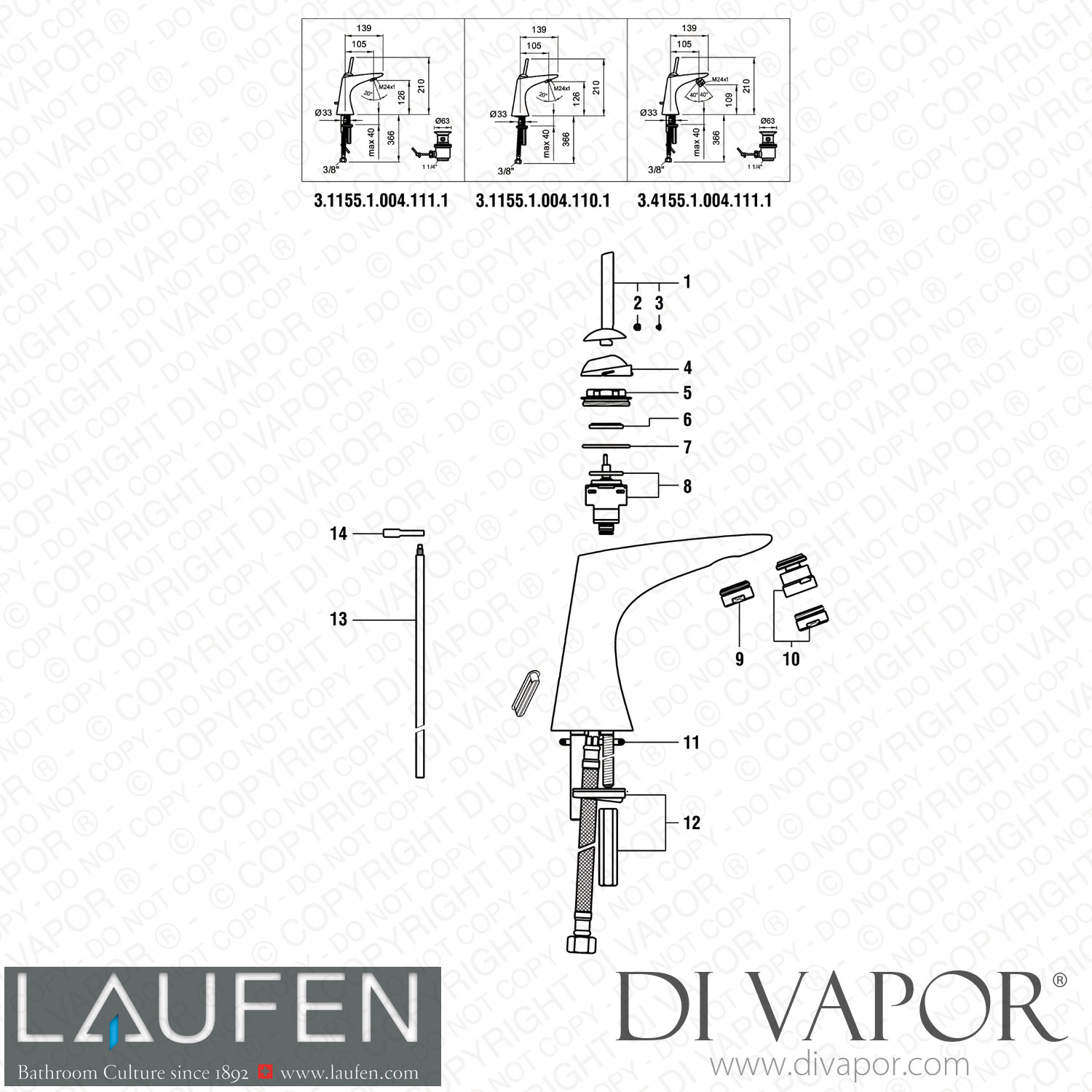 Laufen Basin and Bidet Mixer (3.1155.1.004.111.1) Spare Parts