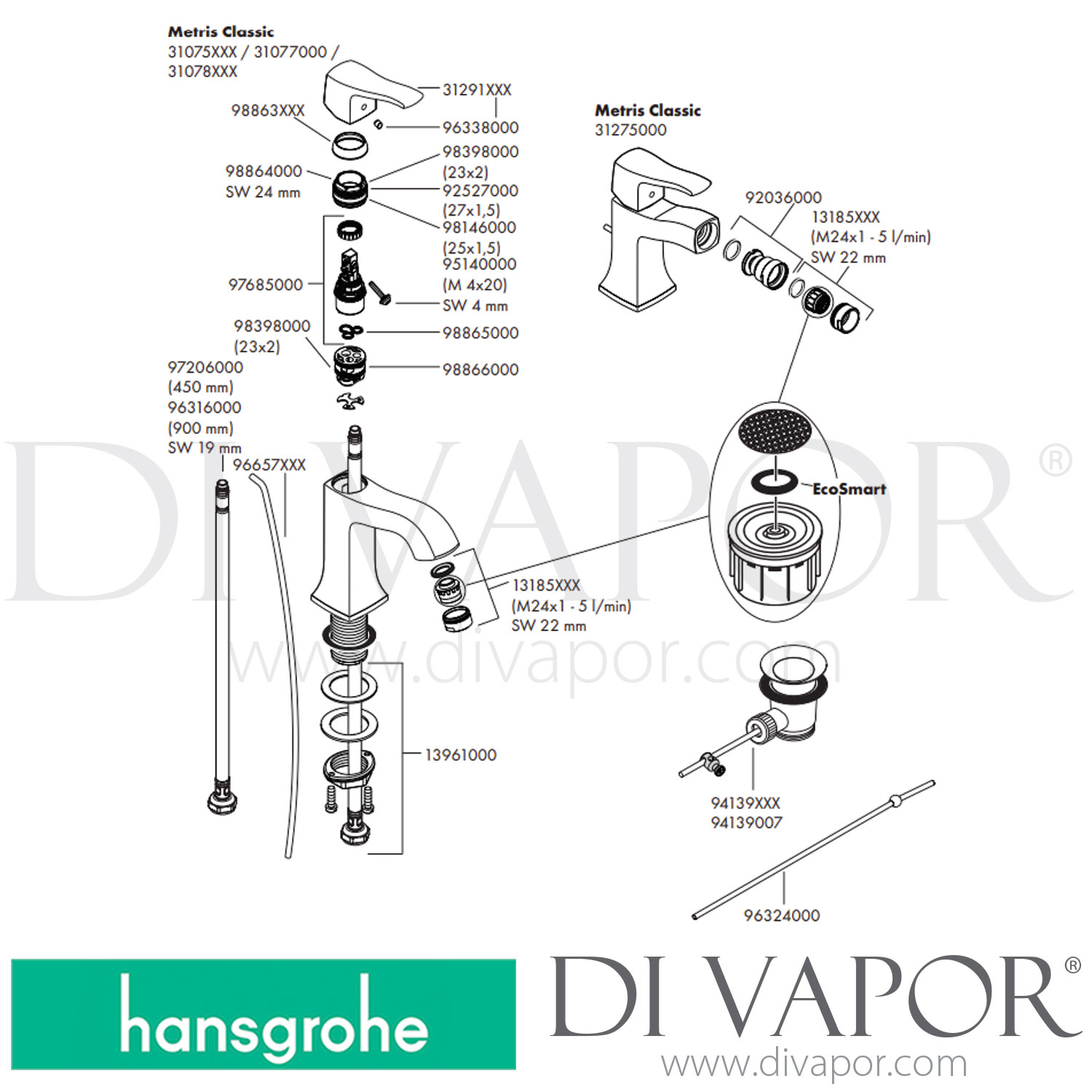 Hansgrohe 31075000 Metris Classic Single Lever Basin Mixer 100 with Pop ...