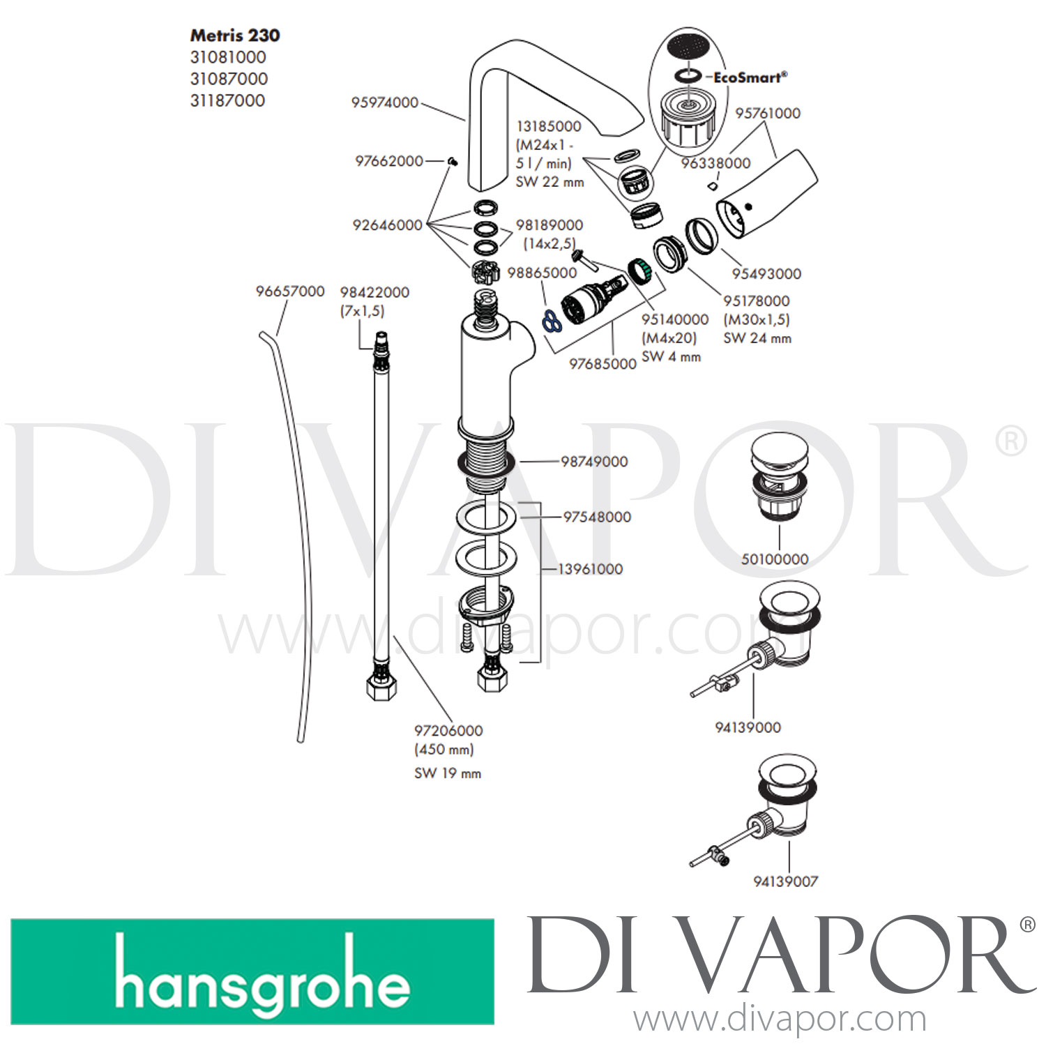Hansgrohe 31081000 Metris Single Lever Basin Mixer 230 without Waste ...