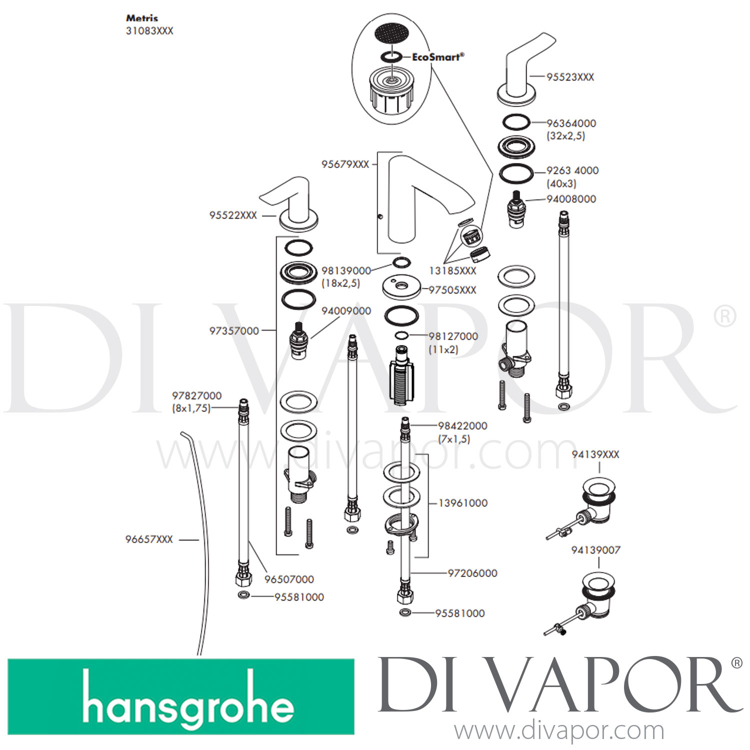 Hansgrohe 31083000 Metris 3-Hole Basin Mixer 100 with Pop-Up Waste Set ...