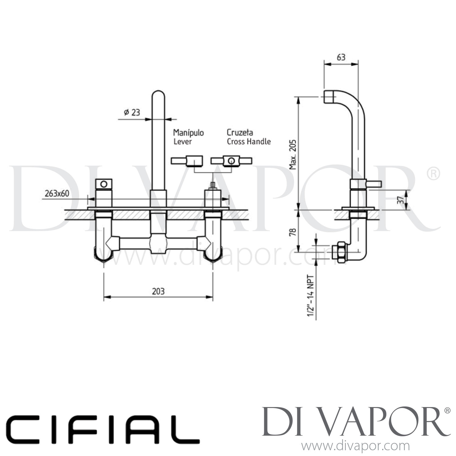 Cifial 31112TB.U Techno 300 3 Hole Wall Basin Mixer Tap with Plate ...