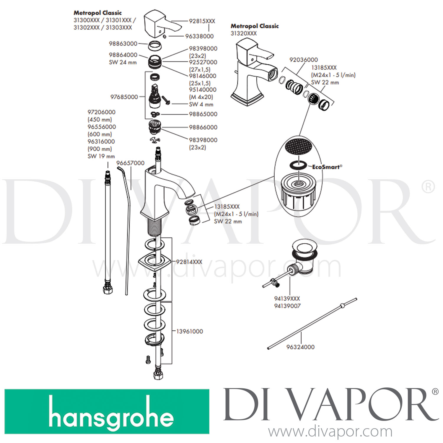 Hansgrohe 31303000 Metropol Classic Single Lever Basin Mixer 260 with ...