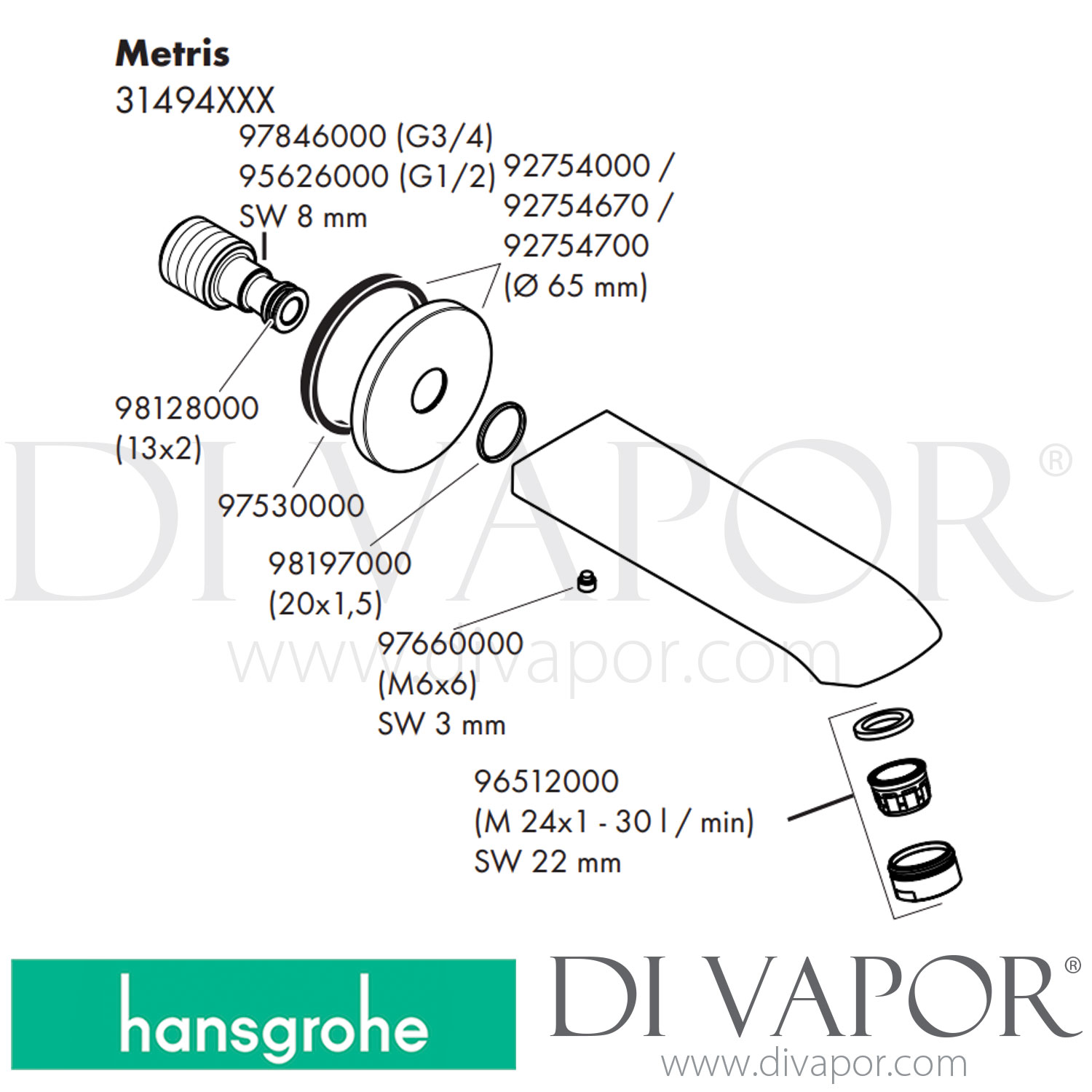 Hansgrohe 31494000 Metris Bath Spout >01/11 Spare Parts
