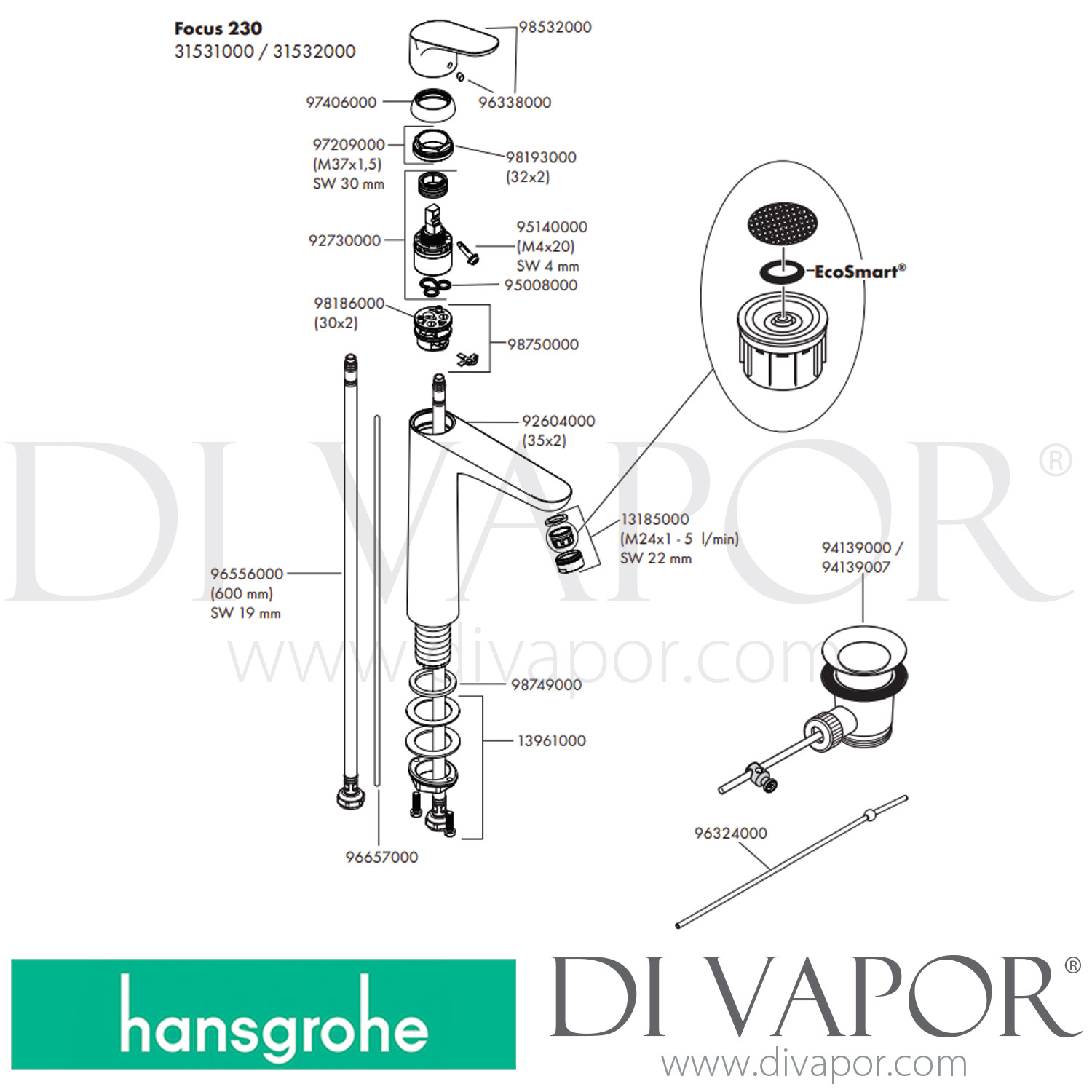 Hansgrohe 31608000 Focus Single Lever Basin Mixer 190 with Pop-Up Waste ...