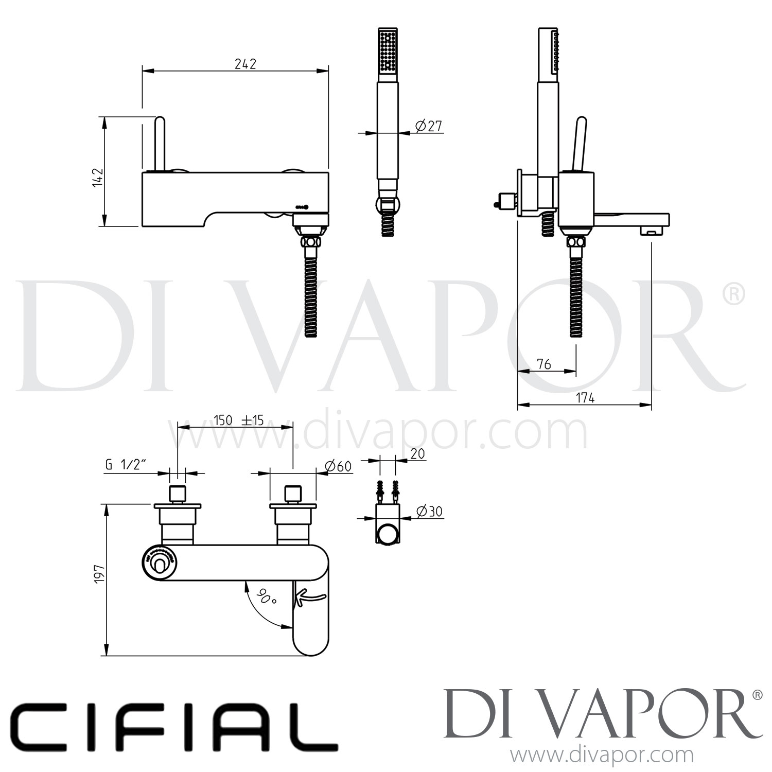 Cifial 32425M10 Techno M10 Wall Mounted Bath Shower Mixer Spare Parts