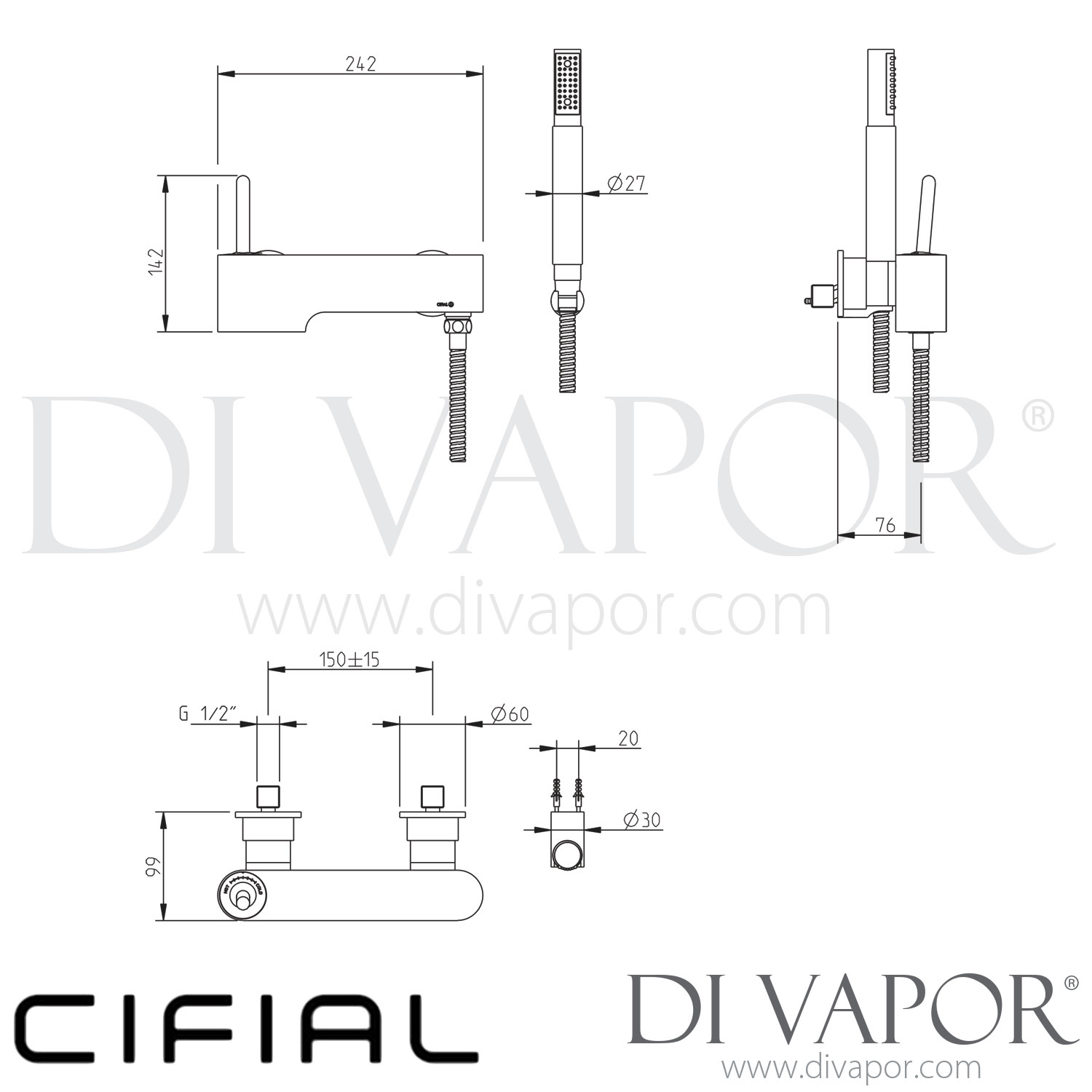 Cifial 32435M10 Techno M10 Wall Mounted Manual Shower Mixer Spare Parts