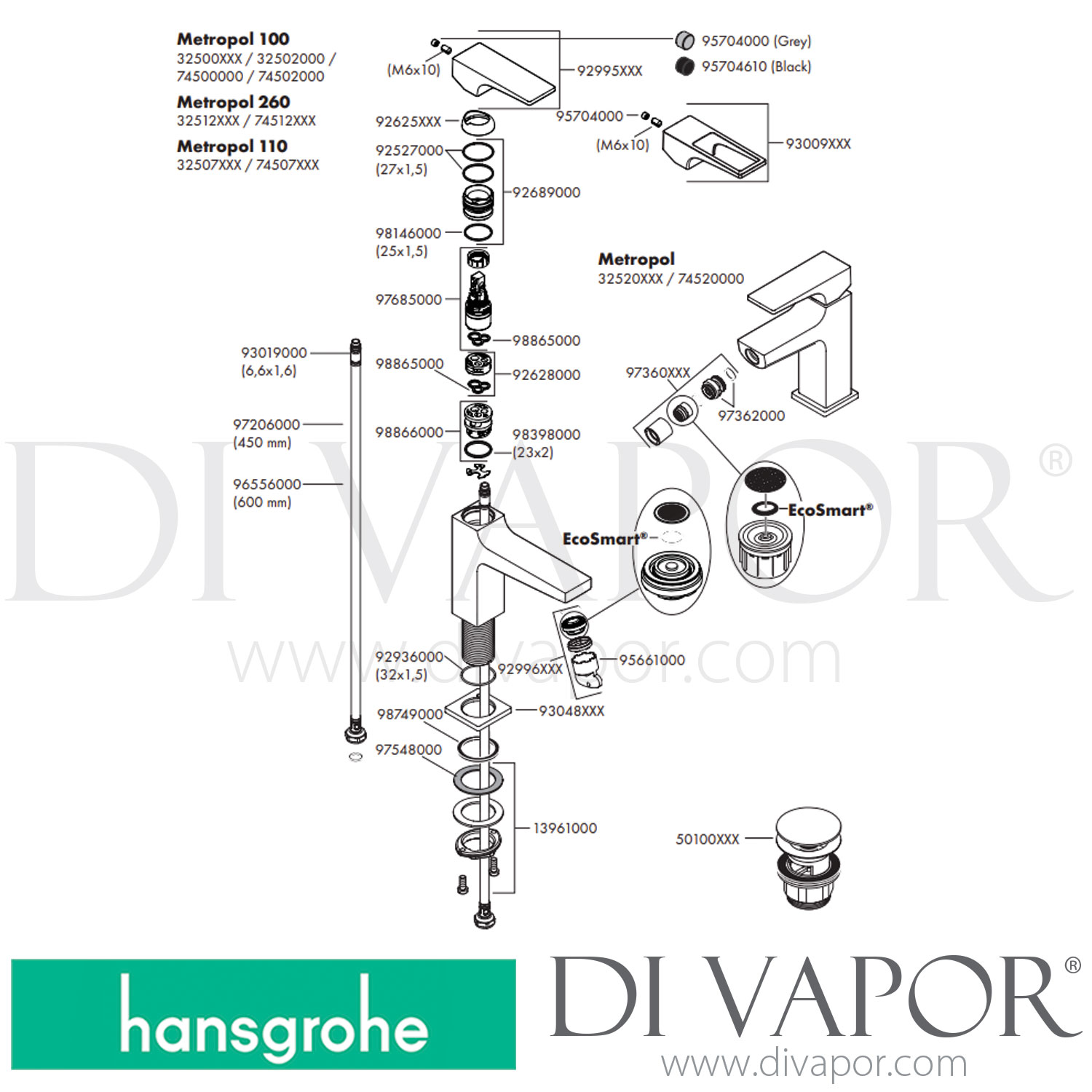 Hansgrohe 32500000 Metropol Single Lever Basin Mixer 100 with Lever ...