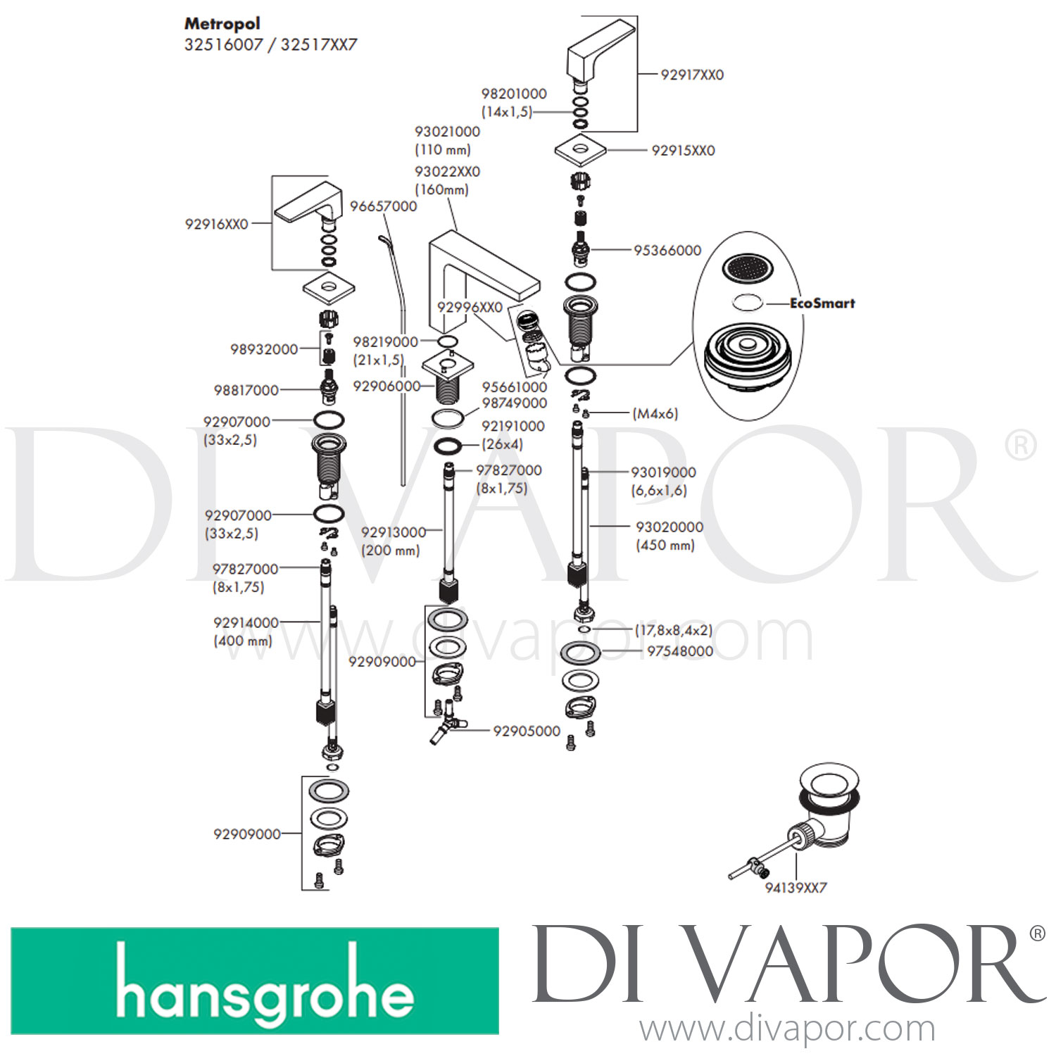 Hansgrohe 32517707 Metropol 3-Hole Basin Mixer 160 with Pop-Up Waste ...