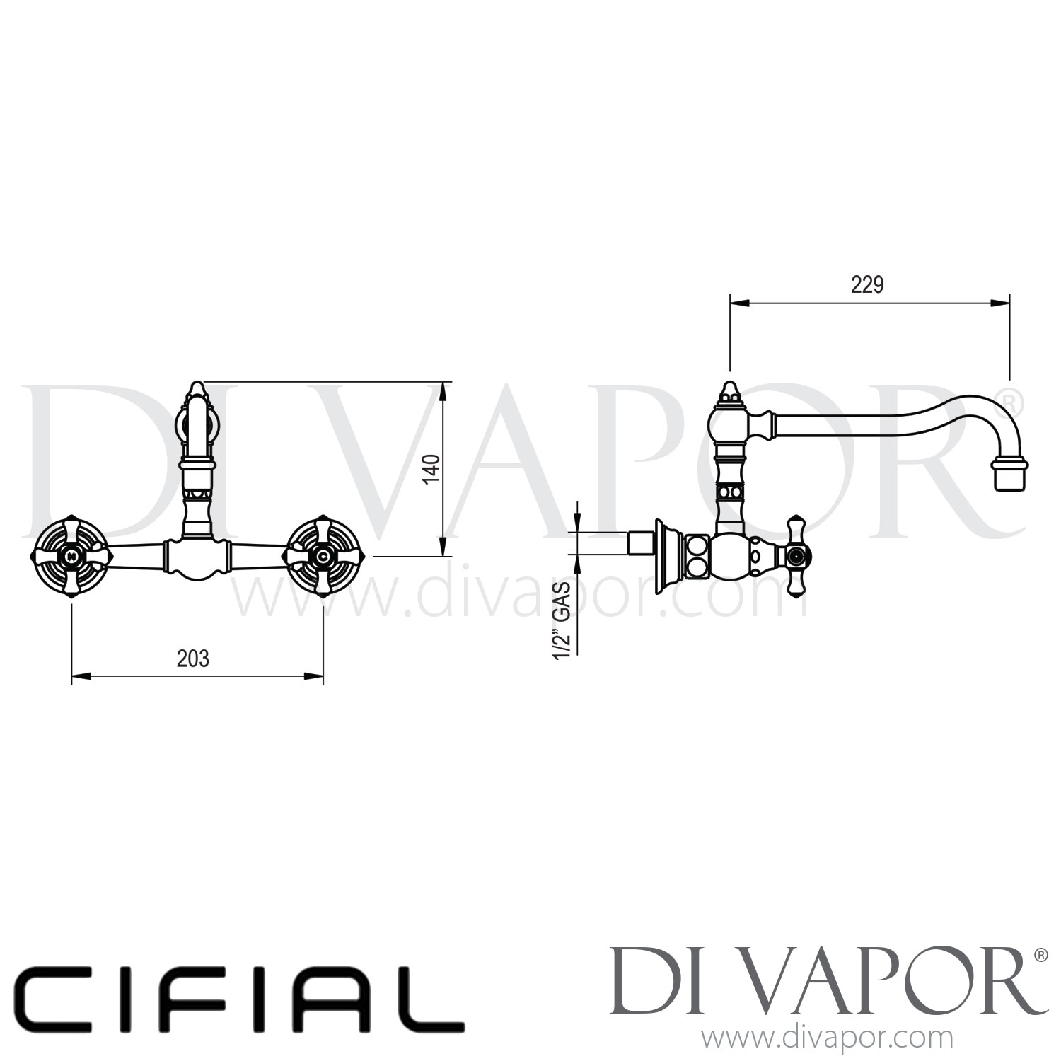 Cifial 32603EDH KT95 Traditional Wall Mounted Kitchen Tap with 229mm ...
