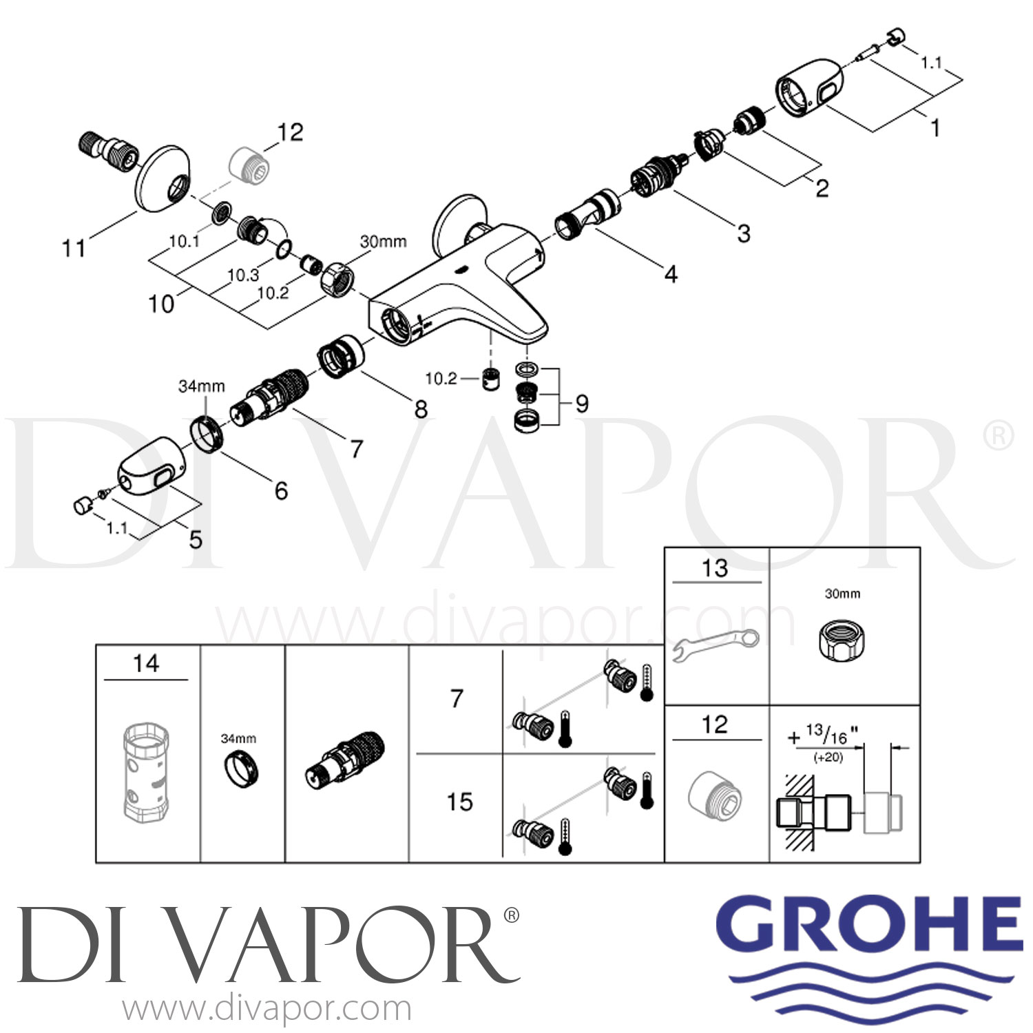 Grohe 34159003 Grohtherm 1000 Thermostatic Bath Mixer (1/2 Inch) Spare ...