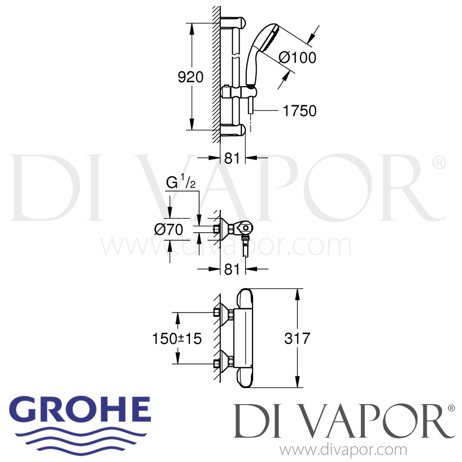 Grohe 34256003 Grohtherm 1000 Thermostatic Shower Mixer (1/2 Inch) with ...