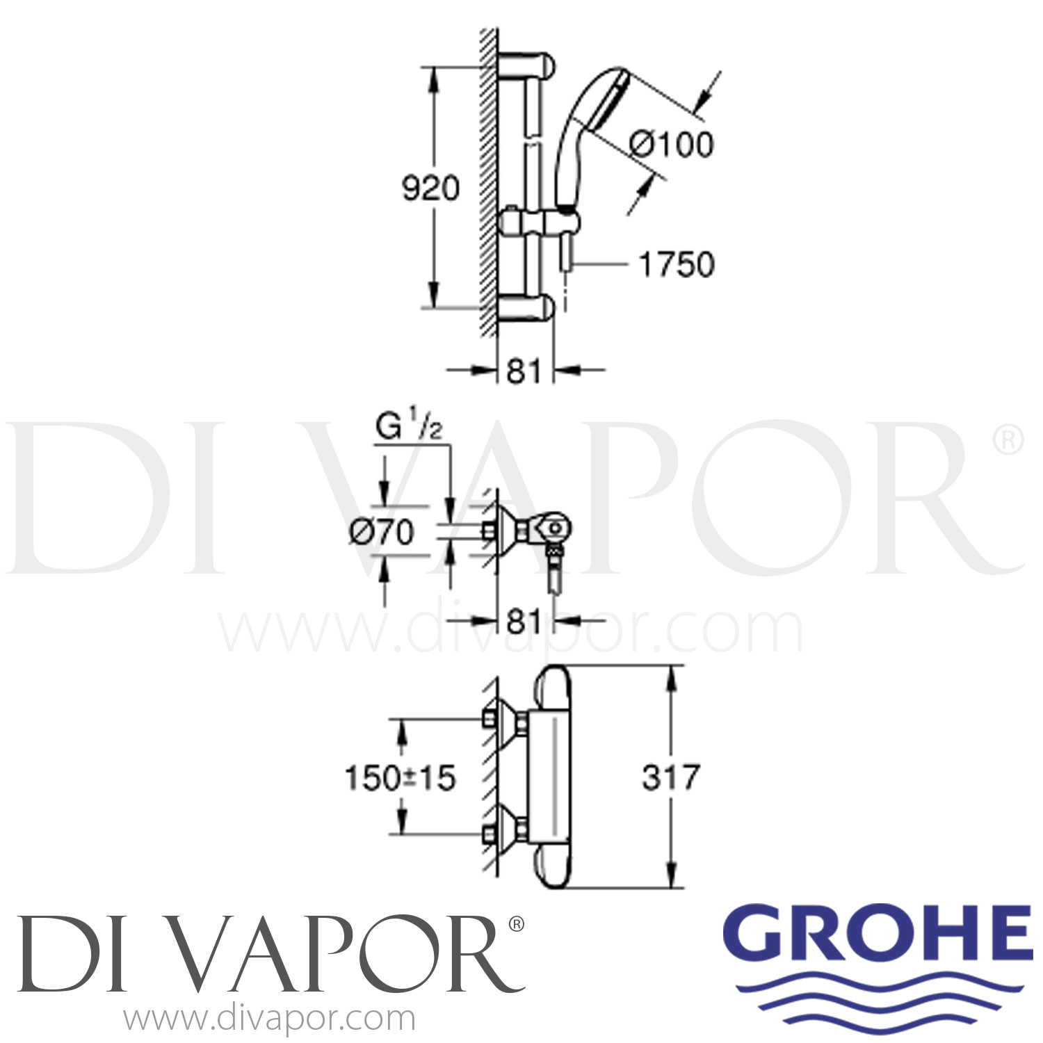 Grohe 34256004 Grohtherm 1000 Thermostatic Mixer with Shower Set Spare ...