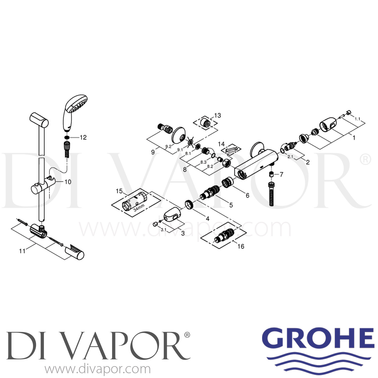 Grohe 34256004 Grohtherm 1000 Thermostatic Mixer with Shower Set Spare ...