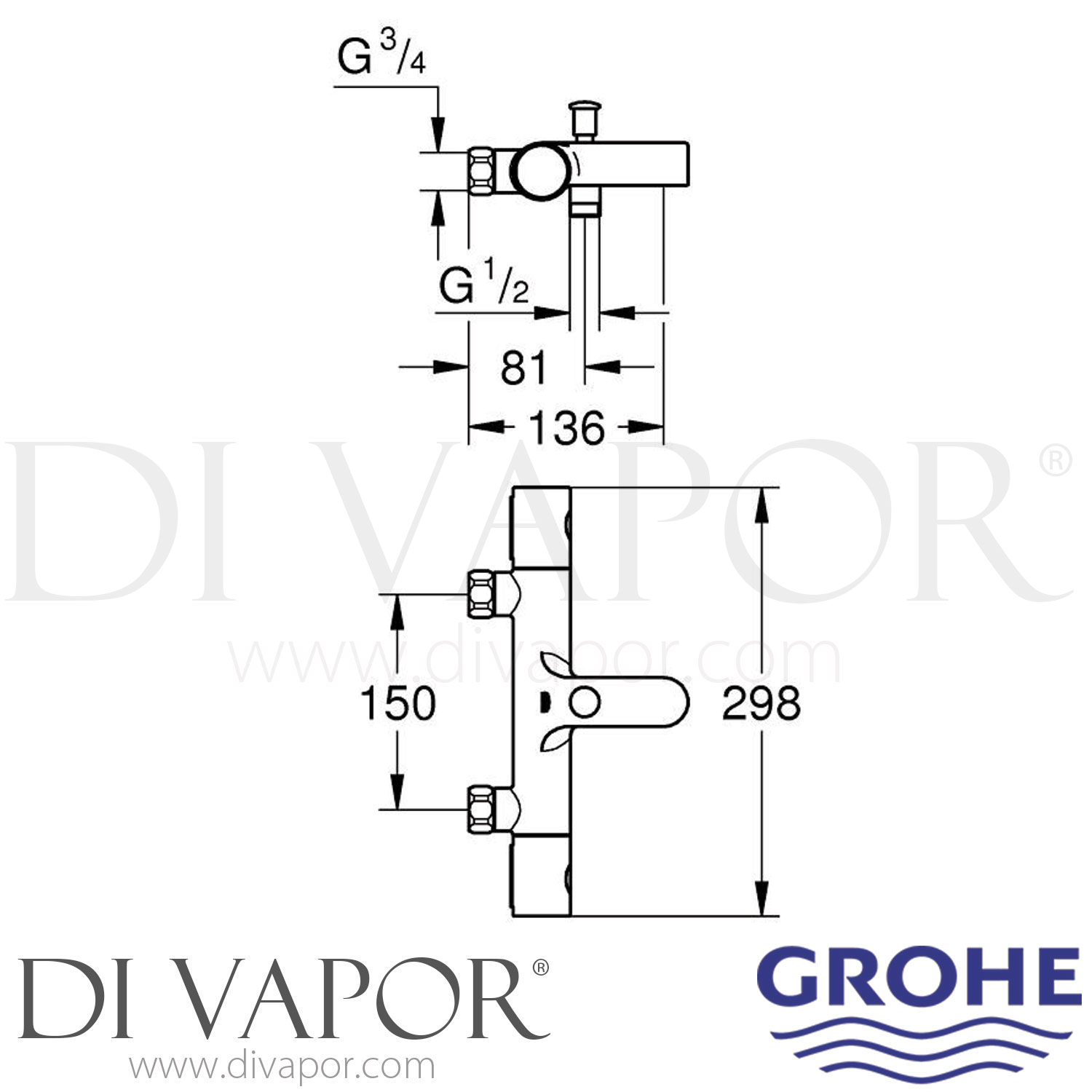 Grohe 34323 Grohtherm 1000 Thermostatic Bath Shower Mixer (1/2 Inch ...