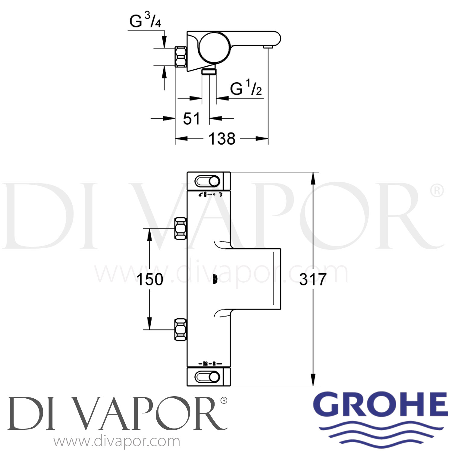 Grohe 34484001 Grohtherm 2000 Thermostatic Bath Shower Mixer (1/2 Inch ...