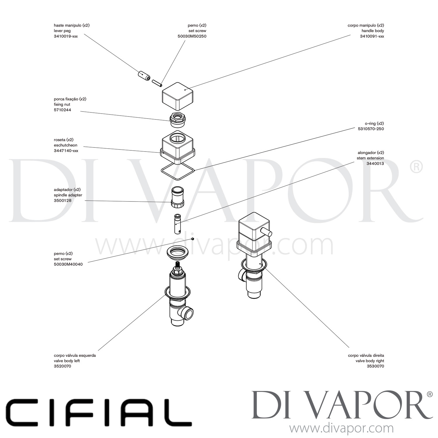 Cifial 34890QD Mini Square Pair 3/4 Inch Deck Bath Valves Spare Parts