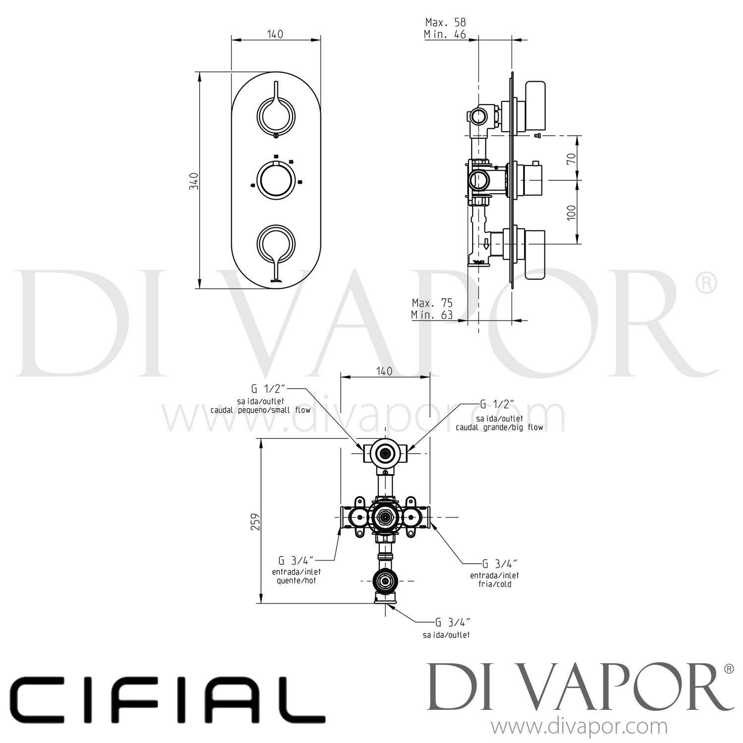 Cifial 35836T2-625 Techno 251 Built-In Wall Thermostatic Shower 3 ...
