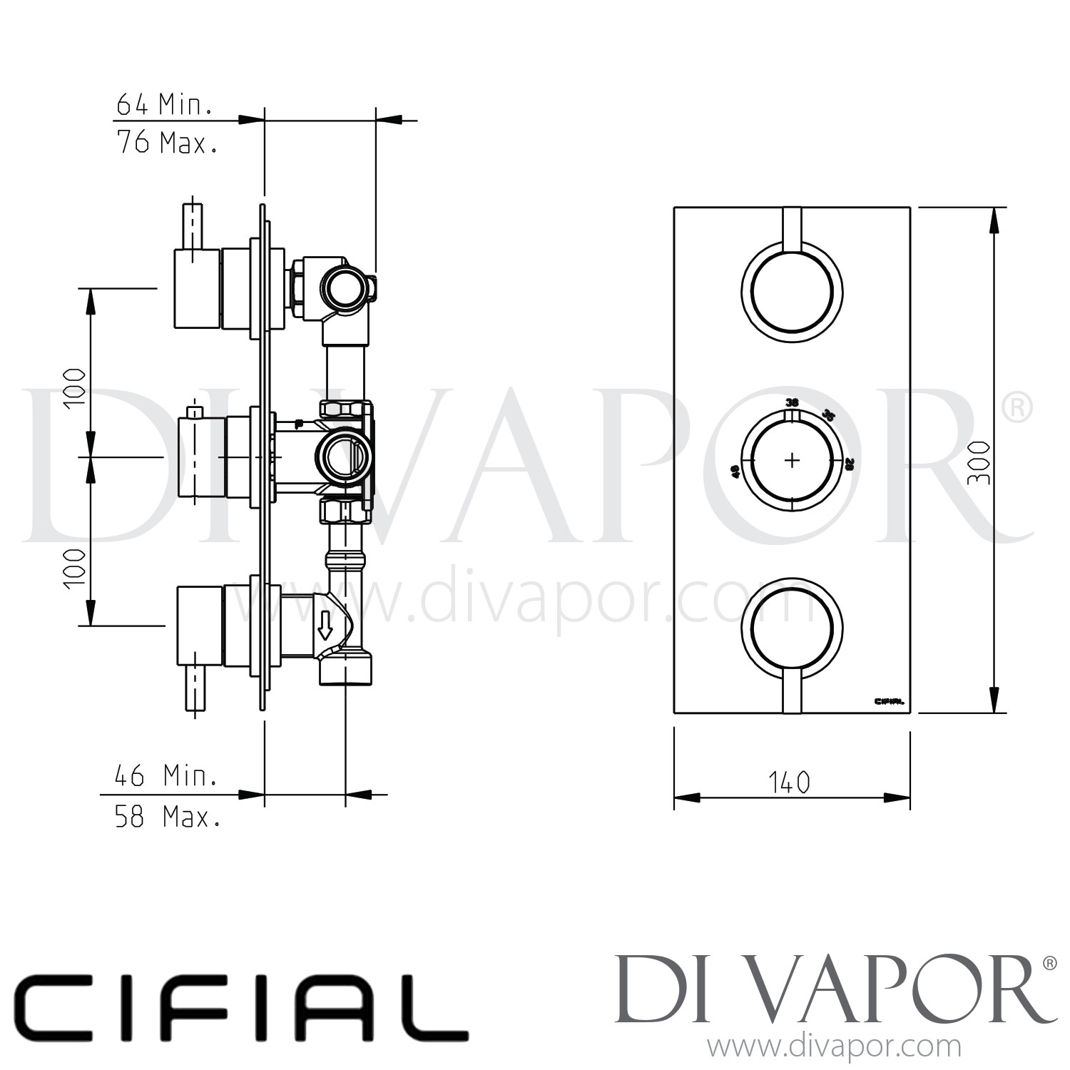 Cifial 35836TH Techno 465 Built-In Wall Thermostatic Shower 3 Outlets ...