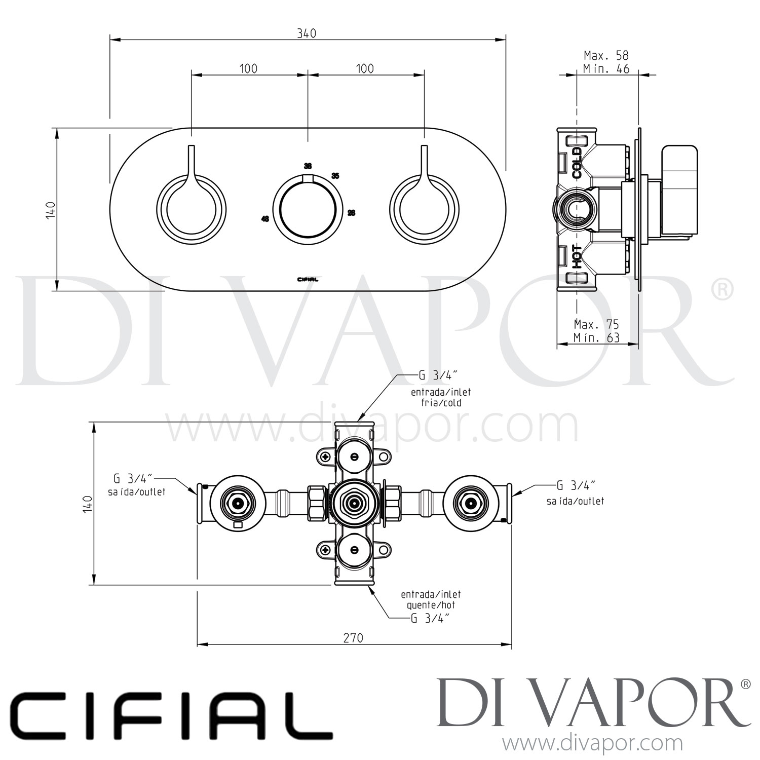 Cifial 35837T2-625 Techno 251 Built-In Wall Thermostatic Shower 2 ...