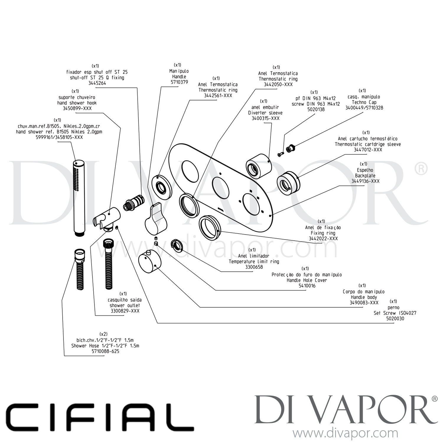 Cifial 35838T2-625 Techno 251 Thermostatic Built-In Wall with Hand ...