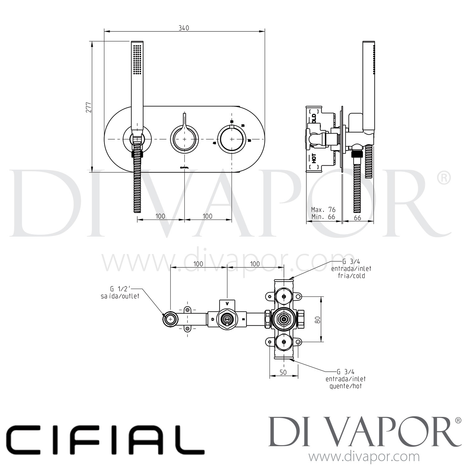 Cifial 35838T2-625 Techno 251 Thermostatic Built-In Wall with Hand ...