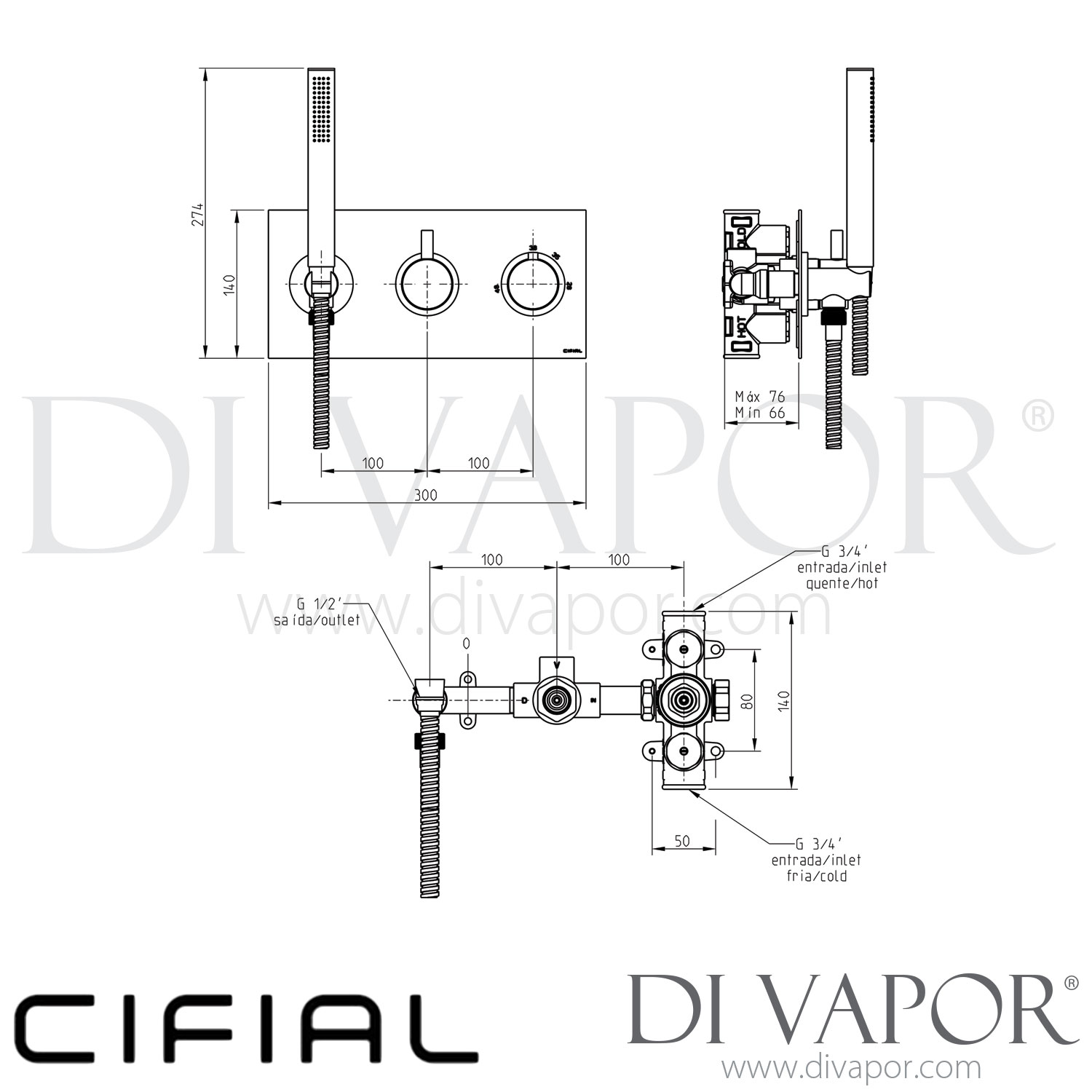 Cifial 35838TH-625 Techno 465 Thermostatic Recessed Wall with Hand ...