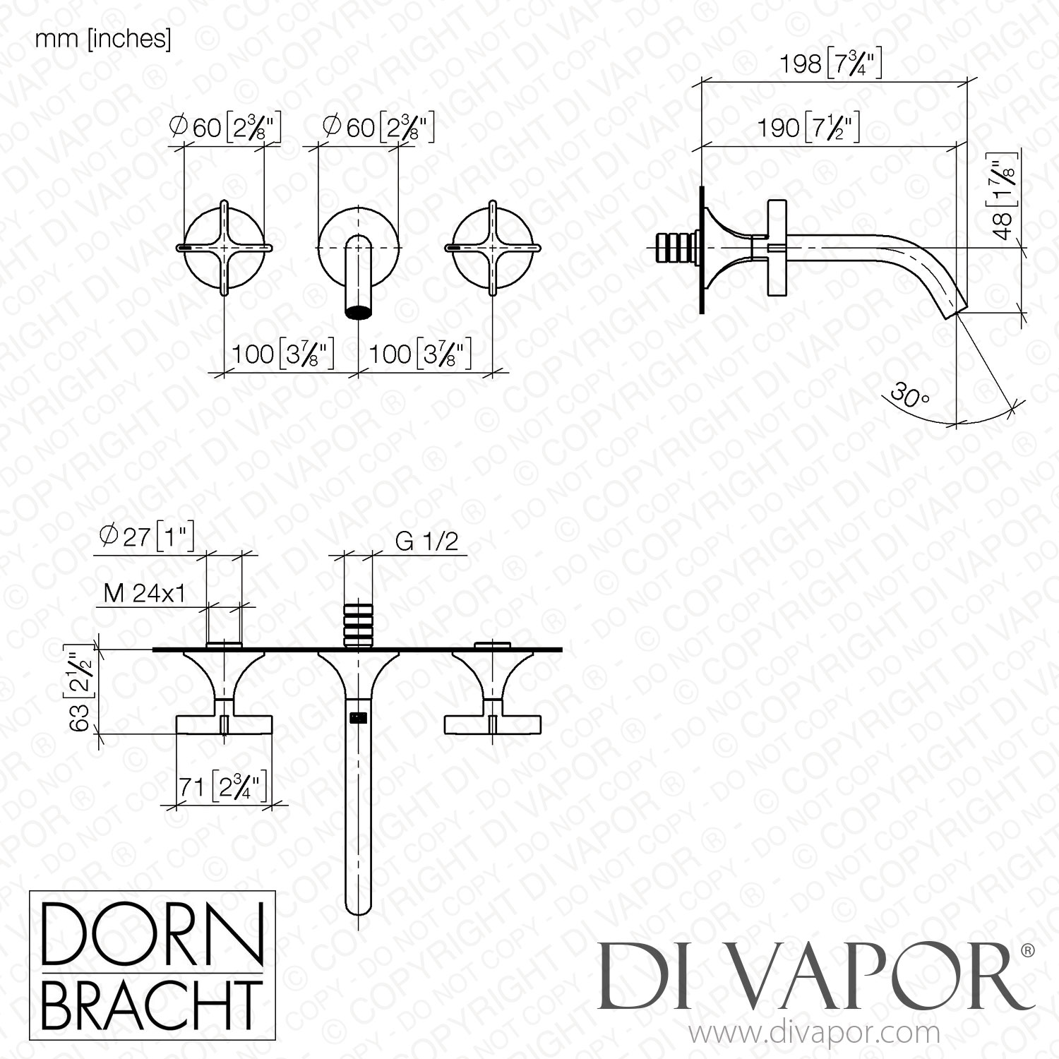 Dornbracht Wall Mounted Three Hole Tap Mixer without Drain 36712809 ...