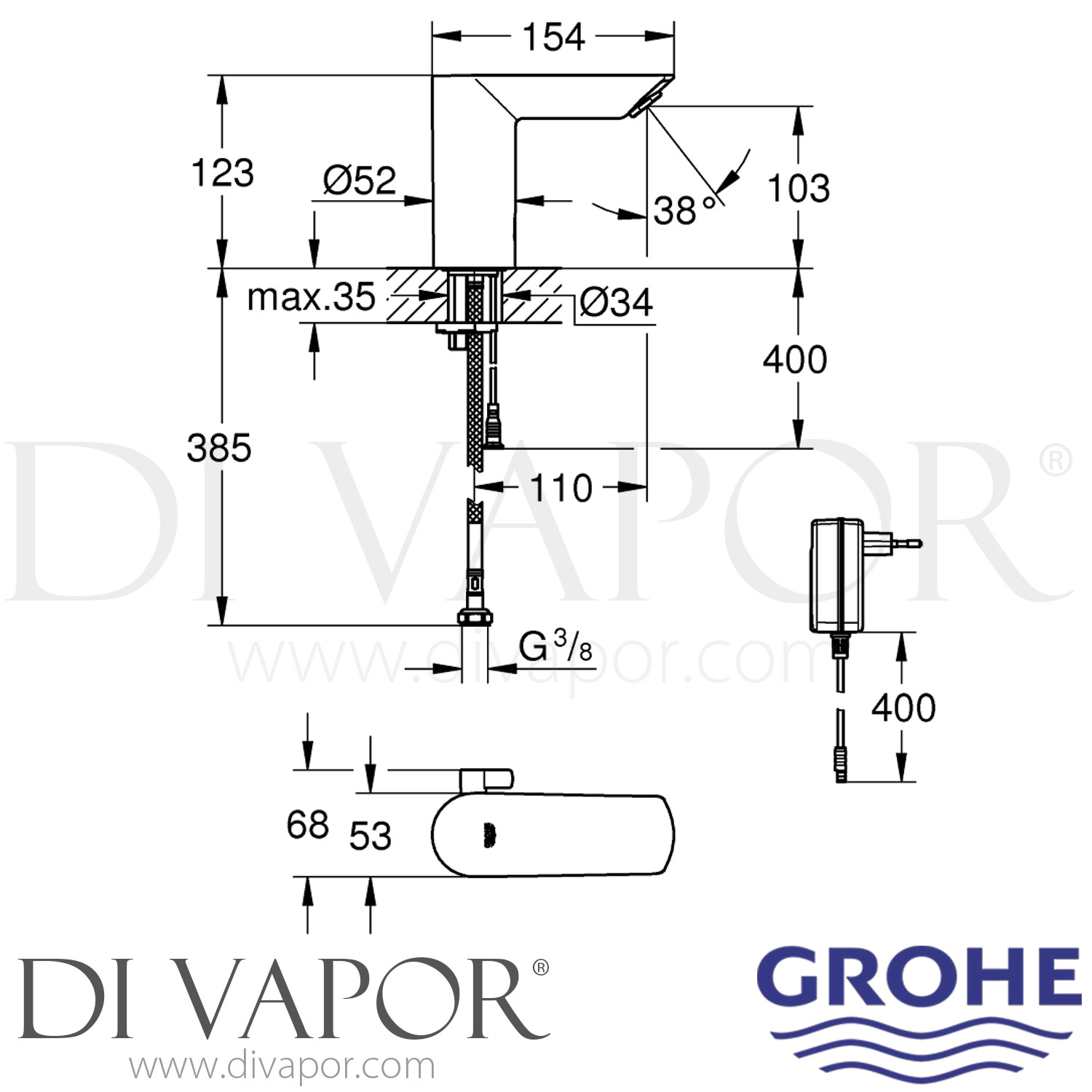 Grohe 36453000 Bau Cosmopolitan E Infra-Red Electronic Basin Mixer Tap ...